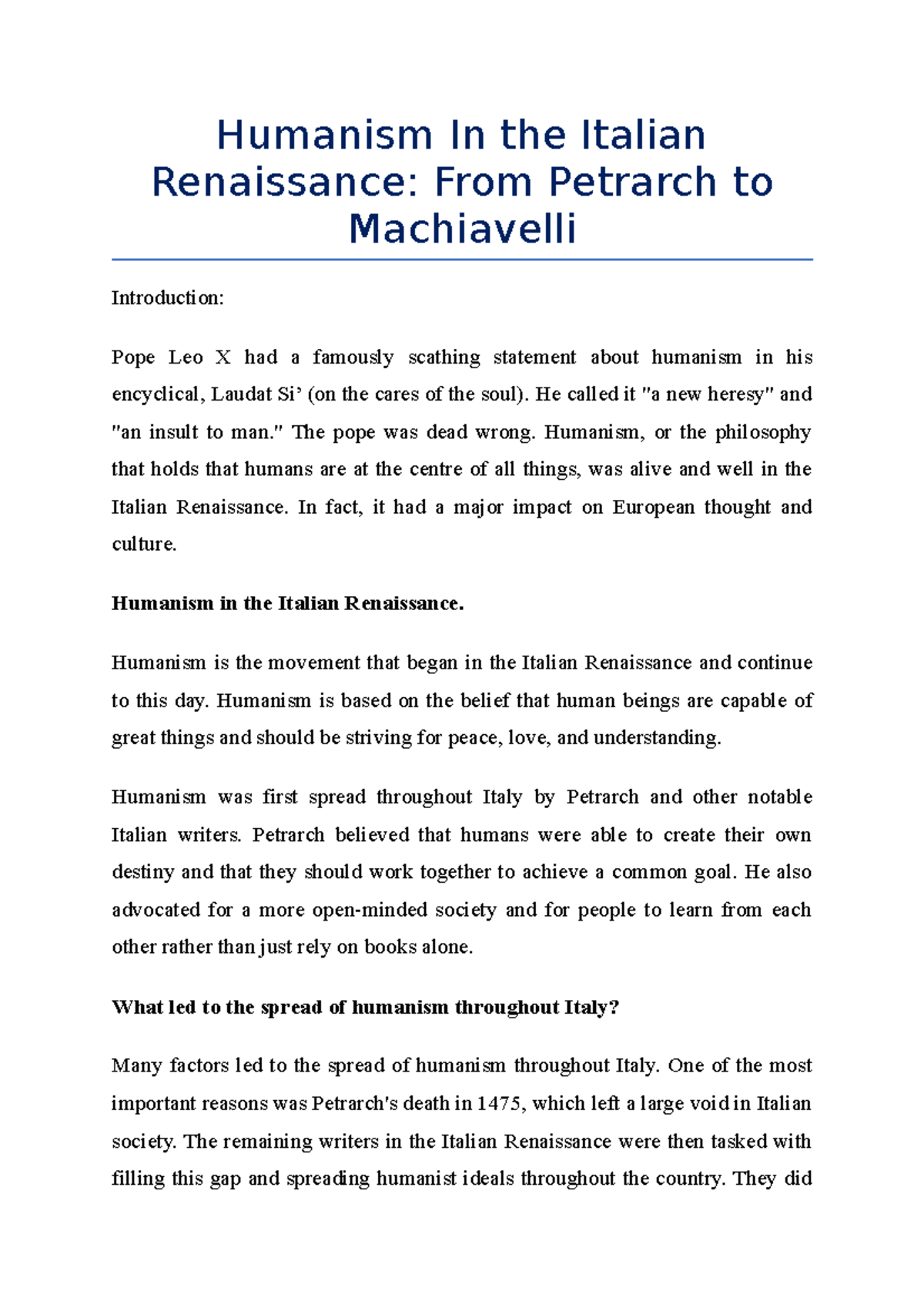 Humanism In the Italian Renaissance, From Petrarch to Machiavelli ...