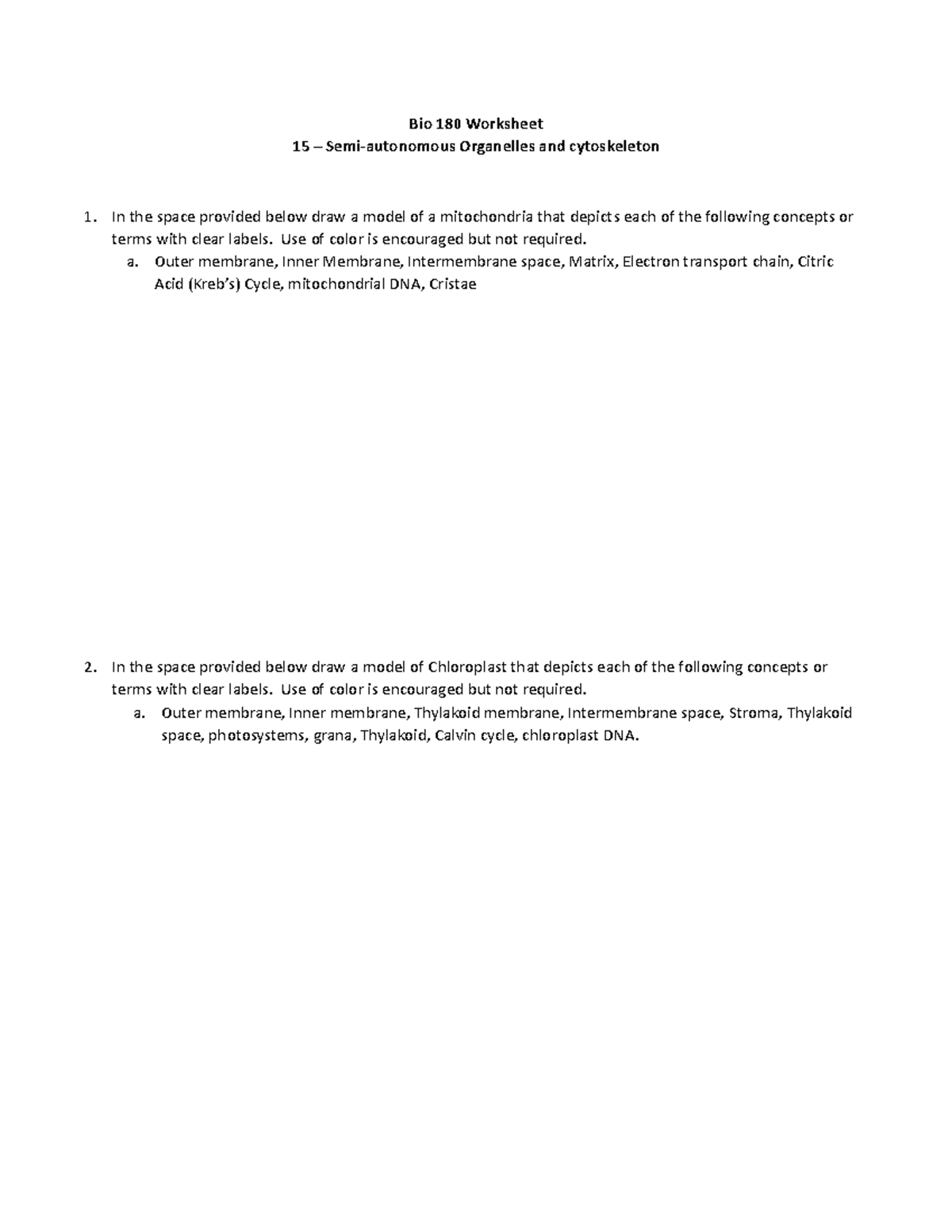 Topic Worksheet - Bio 180 Worksheet 15 – Semi-autonomous Organelles and ...