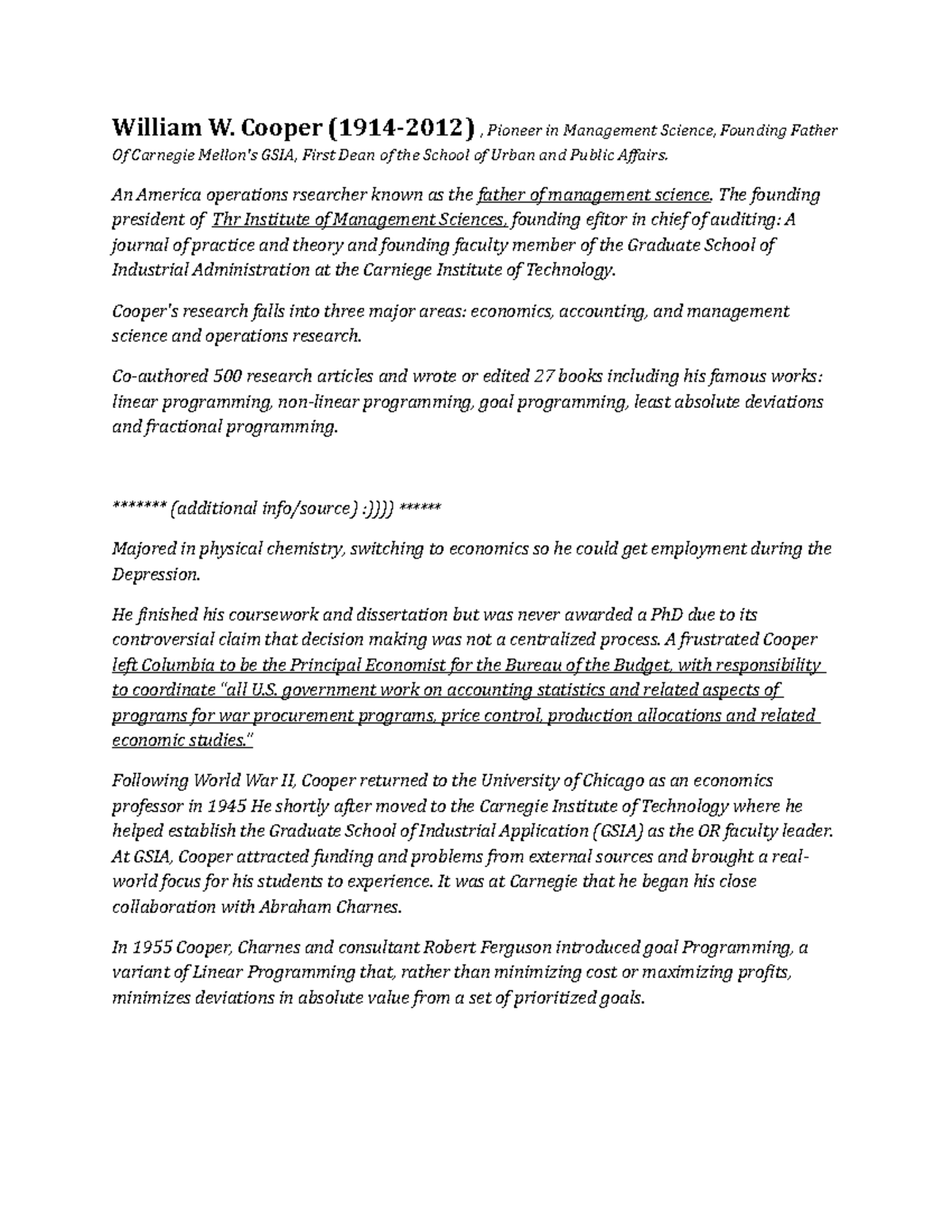 Management sci contributors - William W. Cooper (1914-2012) , Pioneer ...