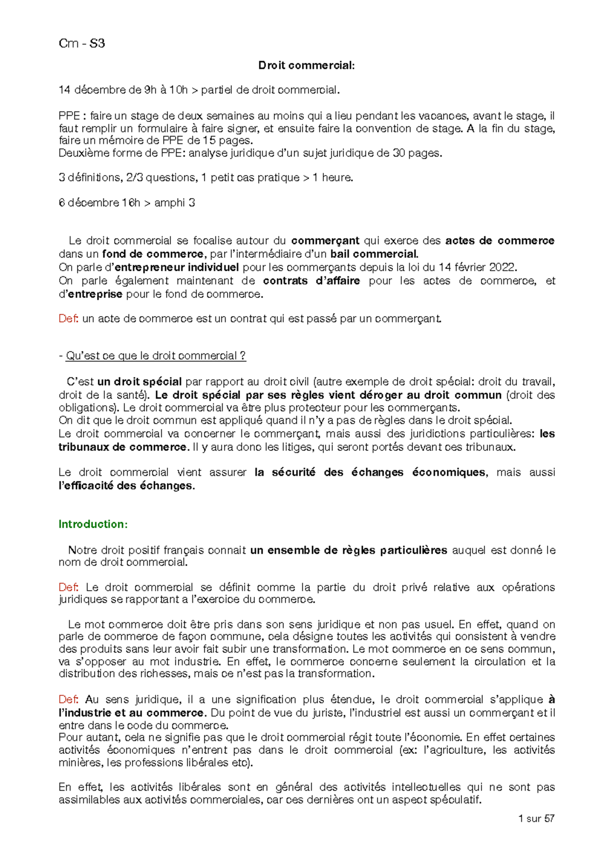 CM annee derniere-2 - cours - Droit commercial: 14 décembre de 9h à 10h > partiel de droit - Studocu