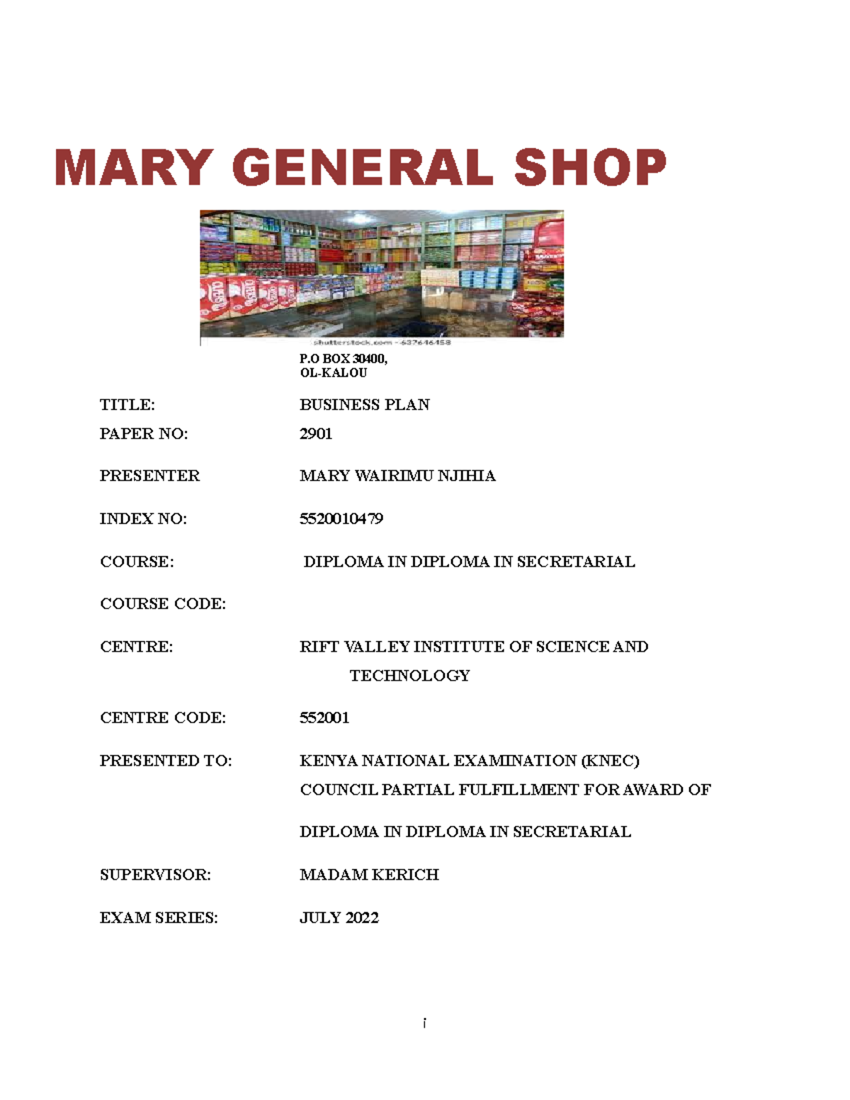 552001 0609 [ Wairimu] - NOTES - P BOX 30400, OL-KALOU TITLE: BUSINESS ...