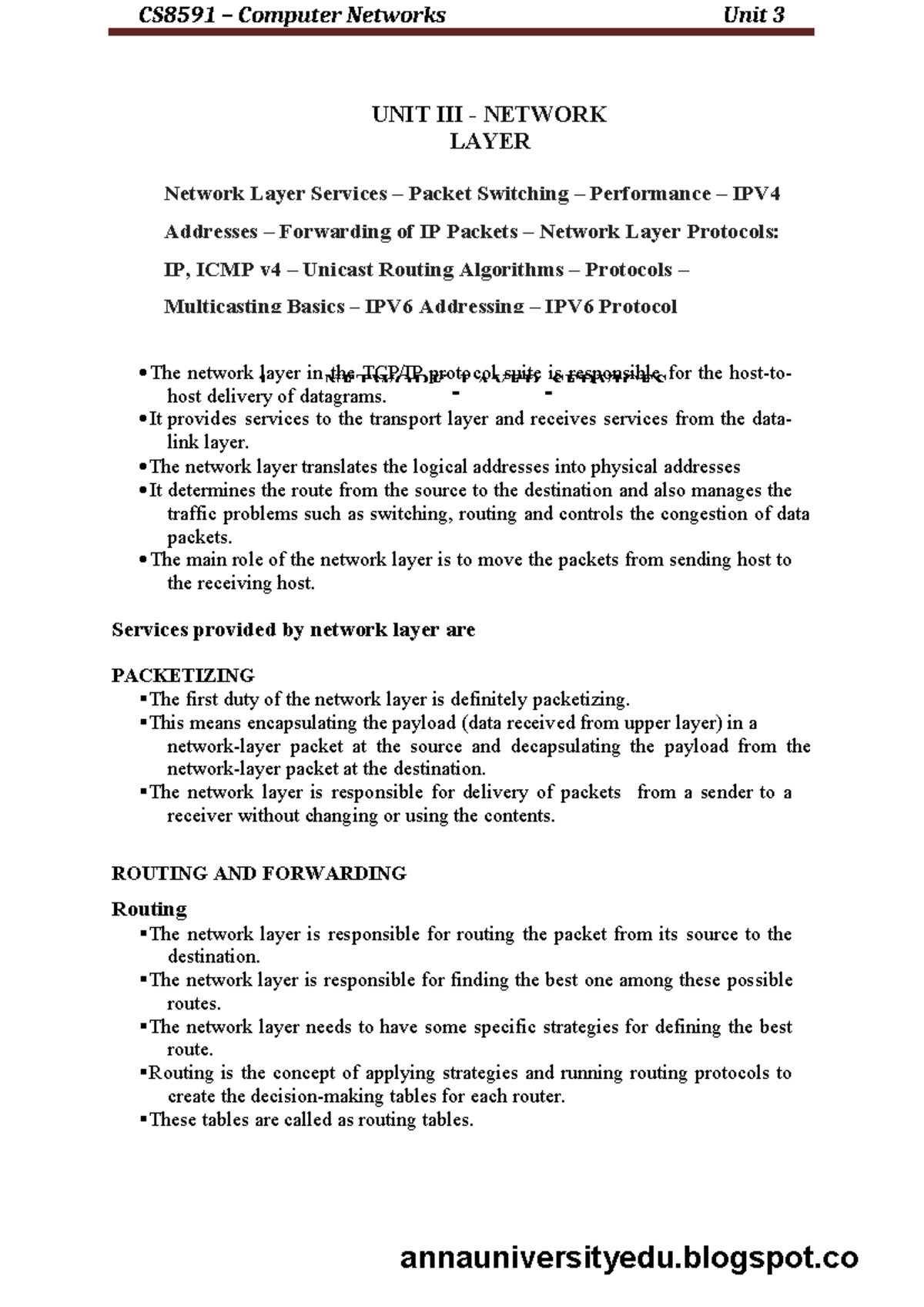 Unit 3 - unit 3 notes - 1. NETWORK LAYER SERVICES annauniversityedu ...