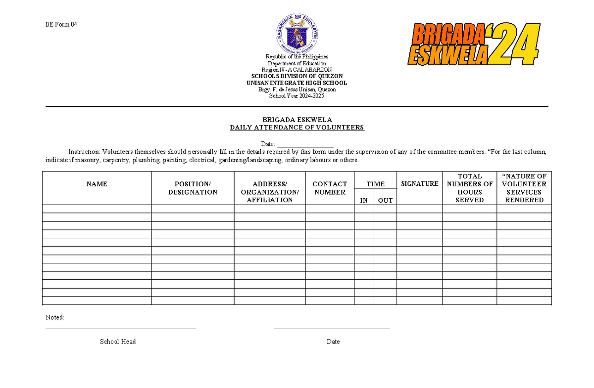 BE-Form-4 - Brigada Eskwela Form 4 - BE Form 04 Republic of the ...