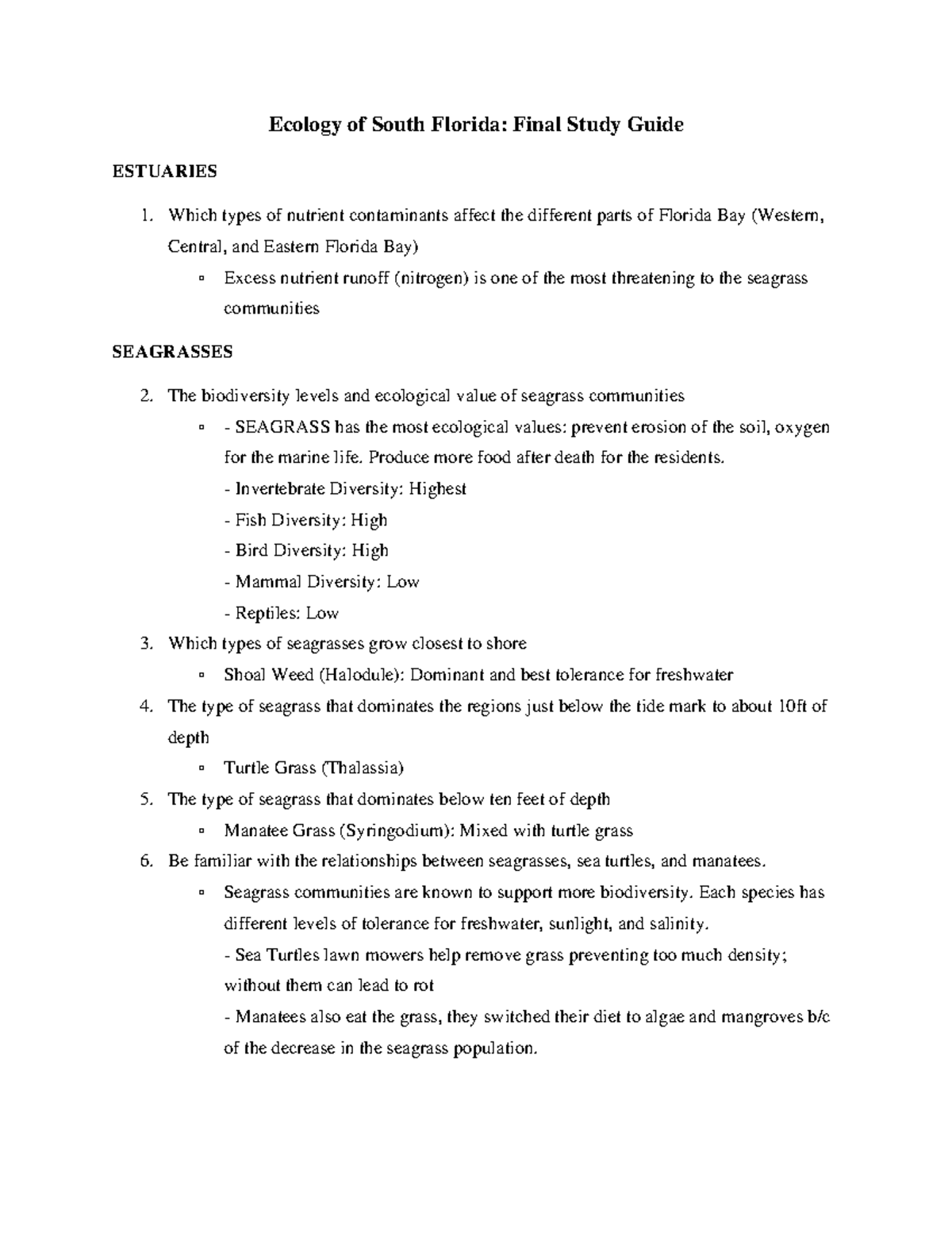 Ecology OF South Florida Final Study Guide - Ecology of South Florida ...