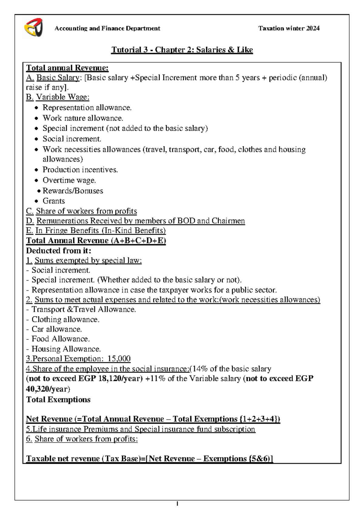Tutorial sheet 3 - Tutorial 3 - Chapter 2: Salaries & Like Total annual Revenue: A. Basic - Studocu