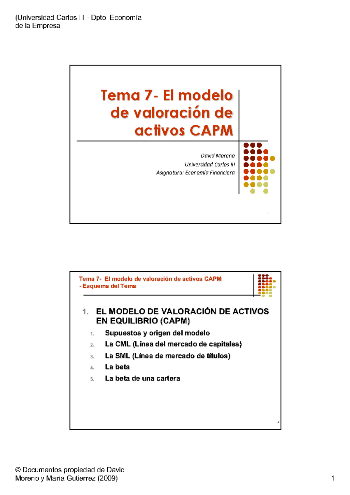 Tema 7 CAPM presentación - de la Empresa © Documentos propiedad de David 1 Tema 7- El modelo de ...