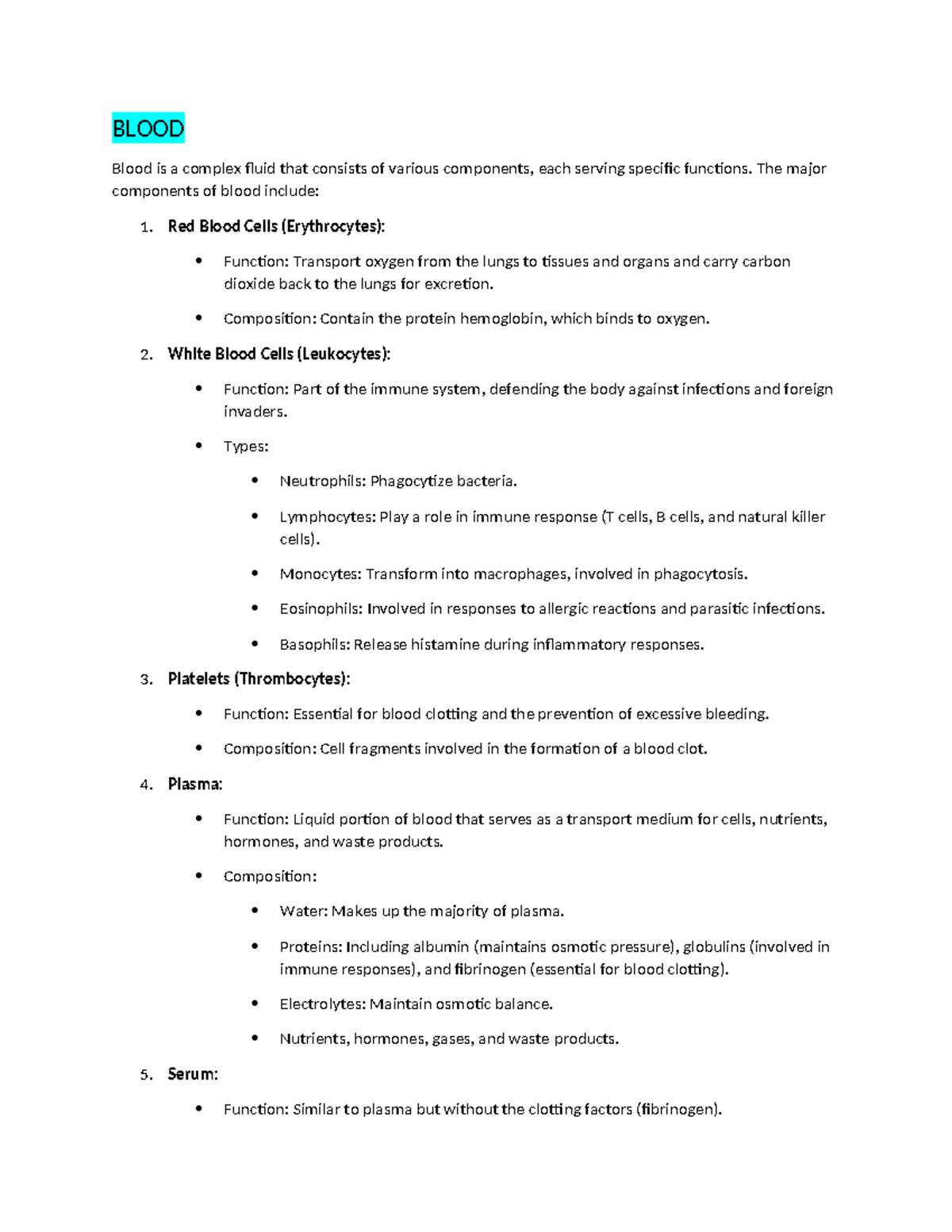 Blood - notes and practice questions - BLOOD ####### Blood is a complex ...
