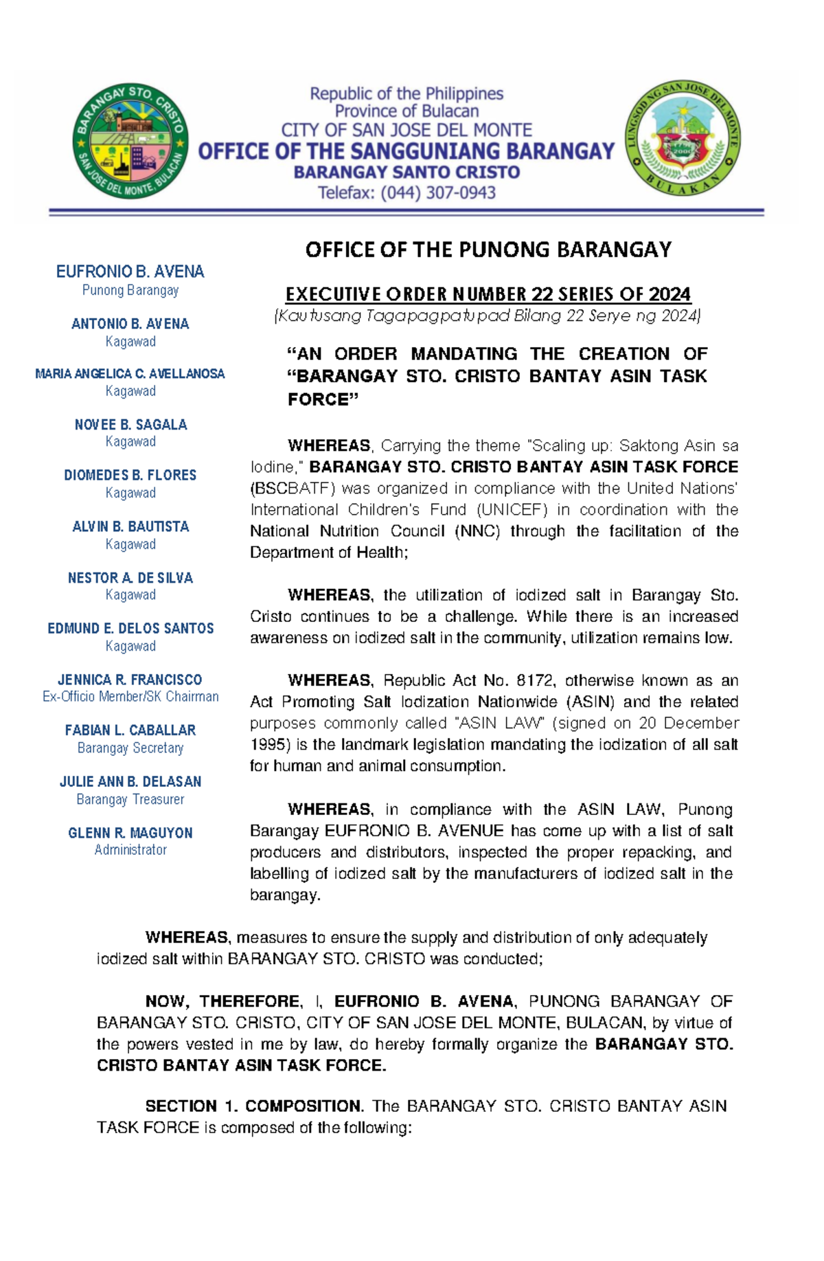 EO 22 ASIN - Executive Order on ASIN - OFFICE OF THE PUNONG BARANGAY ...