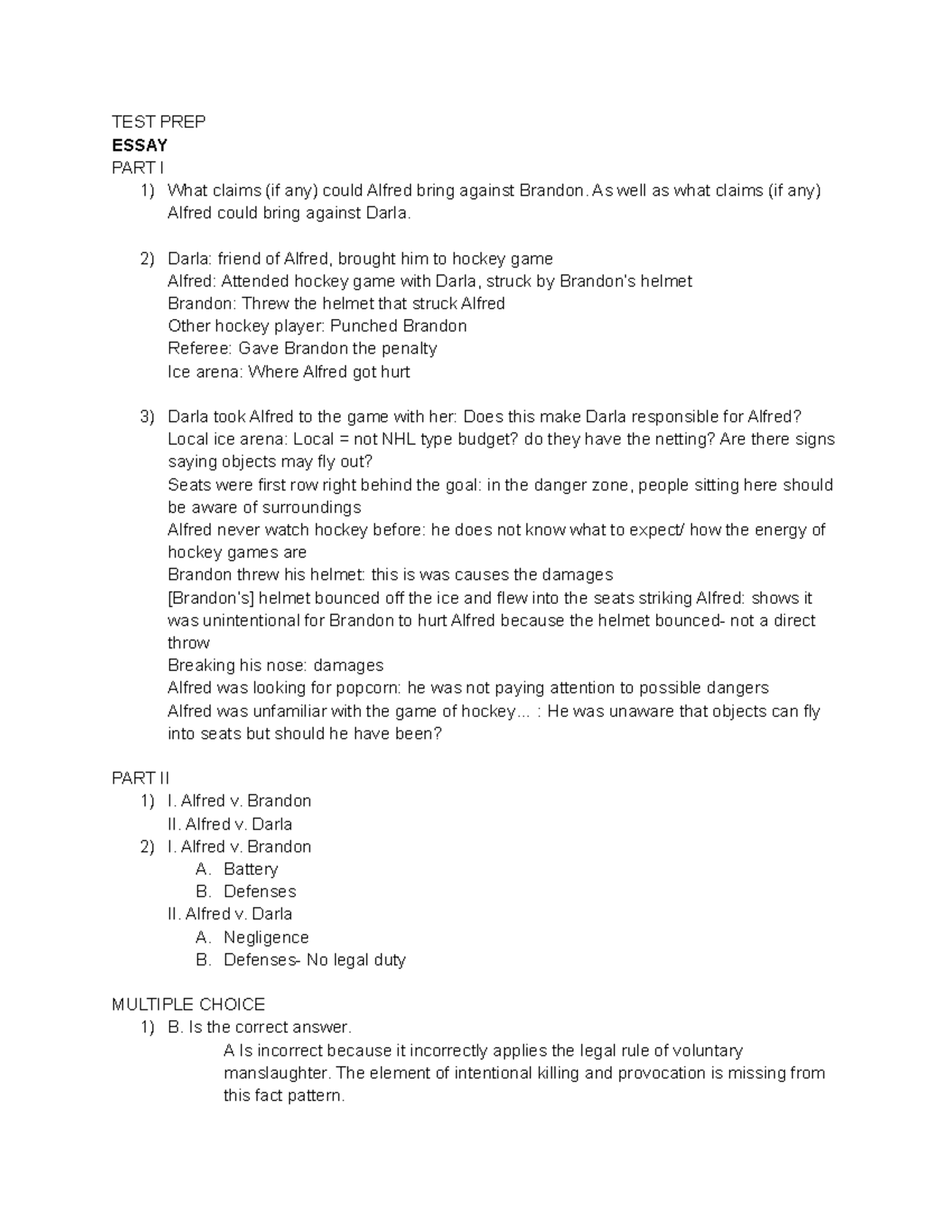 Legal Methods Test 2 Prep - TEST PREP ESSAY PART I What claims (if any ...