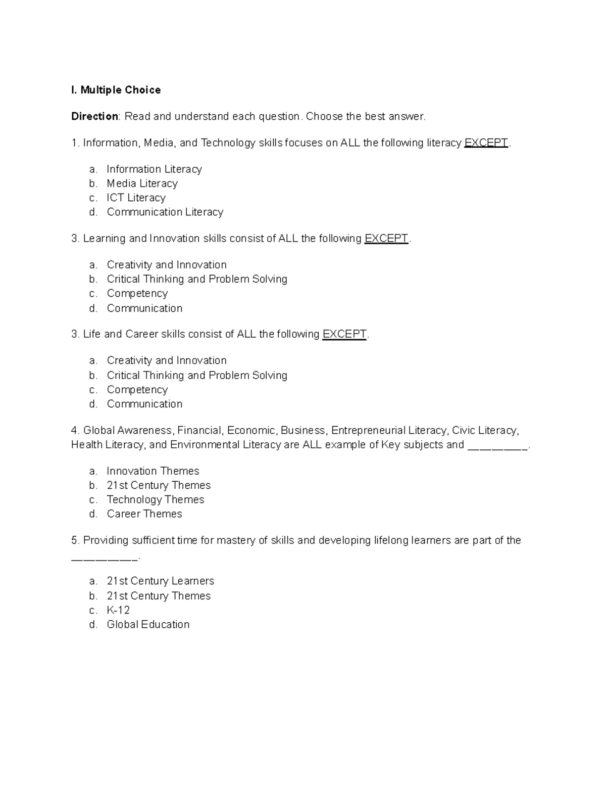 MC Exam - 15 Items - N/A - I. Multiple Choice Direction: Read and ...