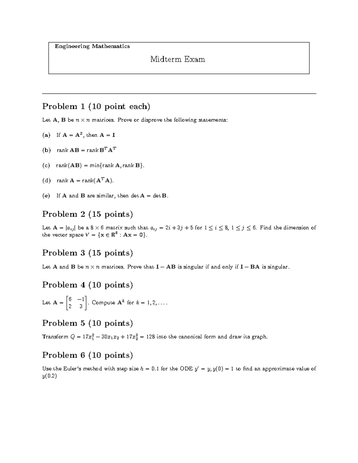 2022 Midterm 1 - 공학수학 - Engineering Mathematics Midterm Exam Problem 1 ...