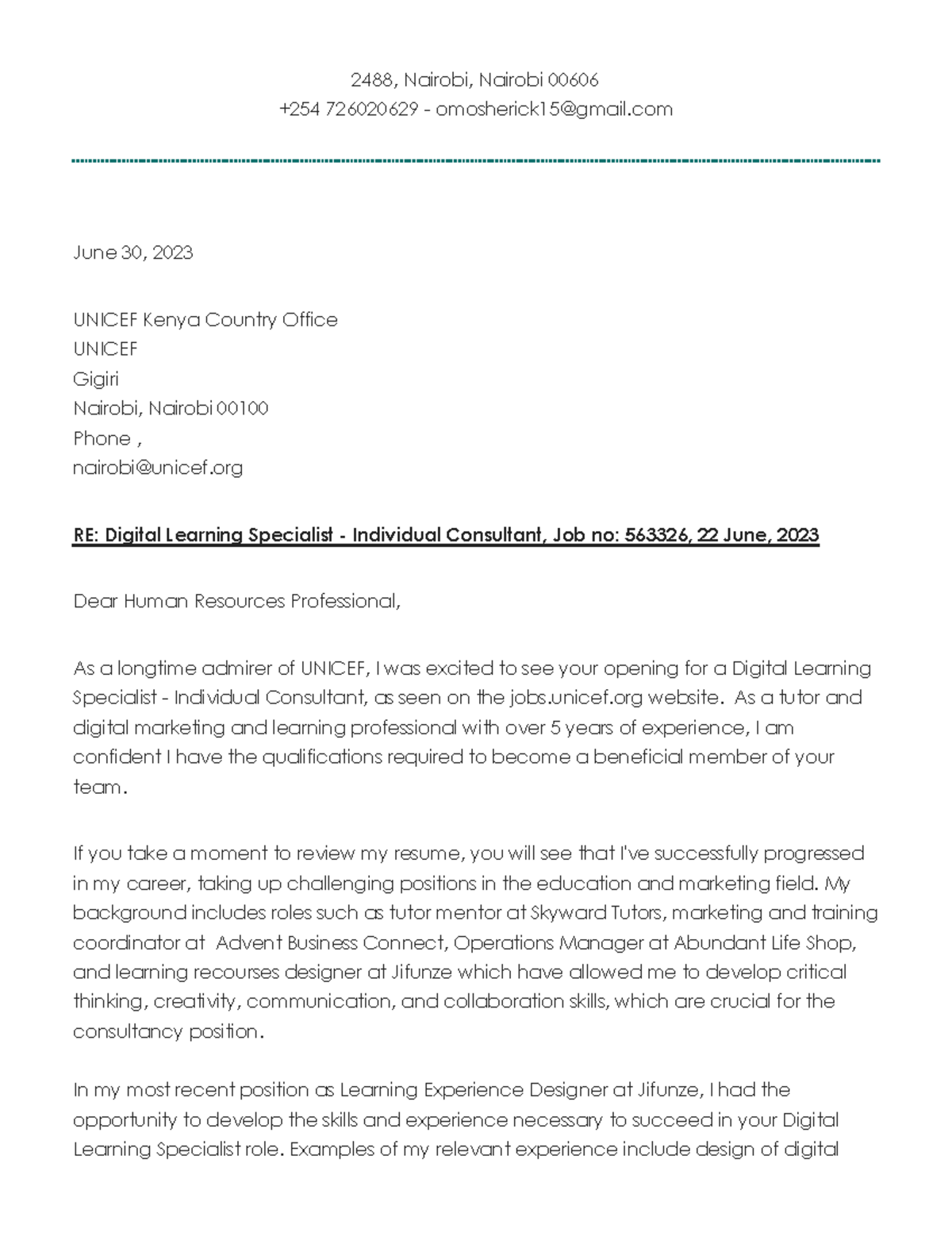 Erick Cover Letter - notes - diploma in technical education - Studocu