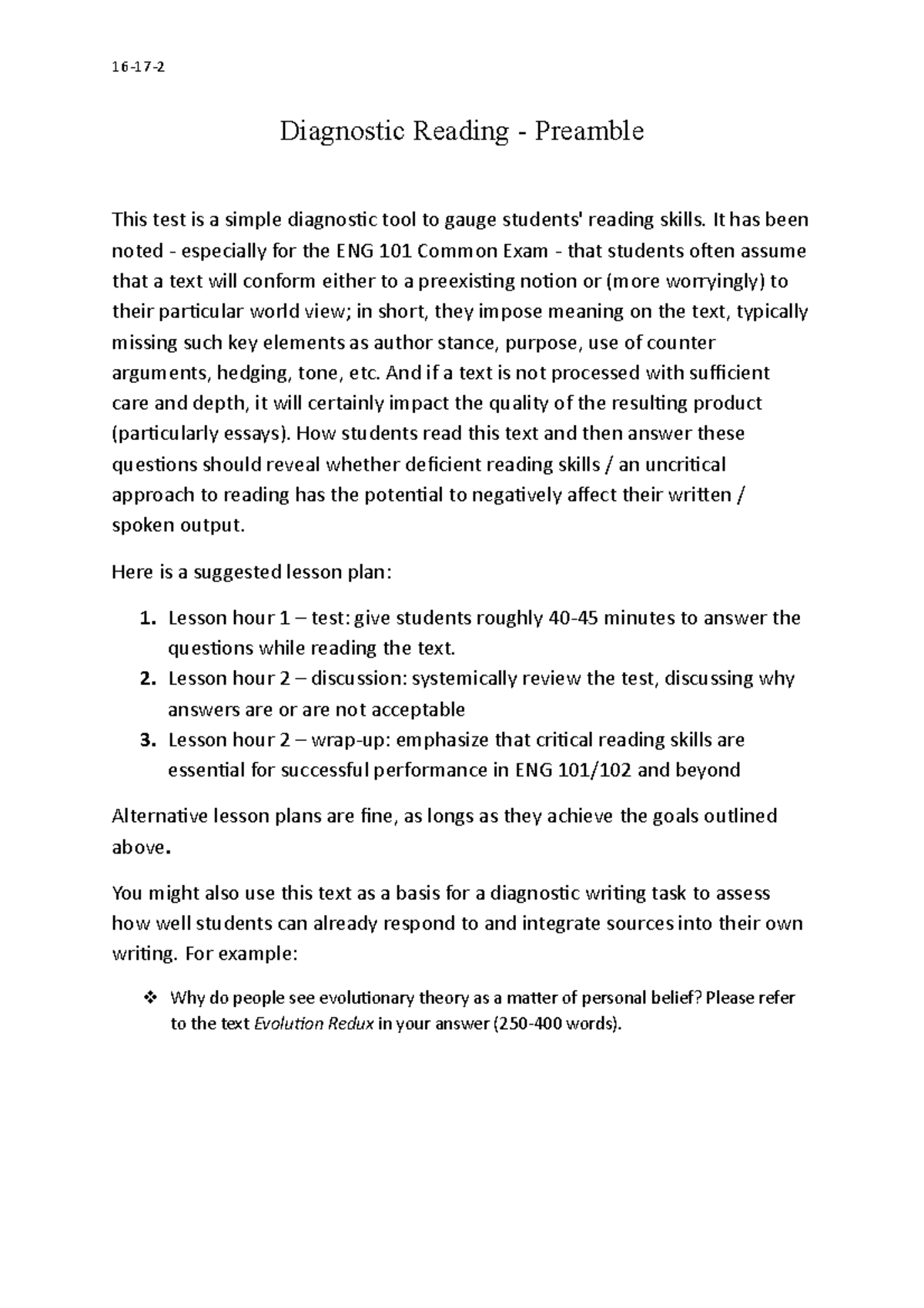 Diagnostic Reading preamble - 16-17- Diagnostic Reading - Preamble This ...