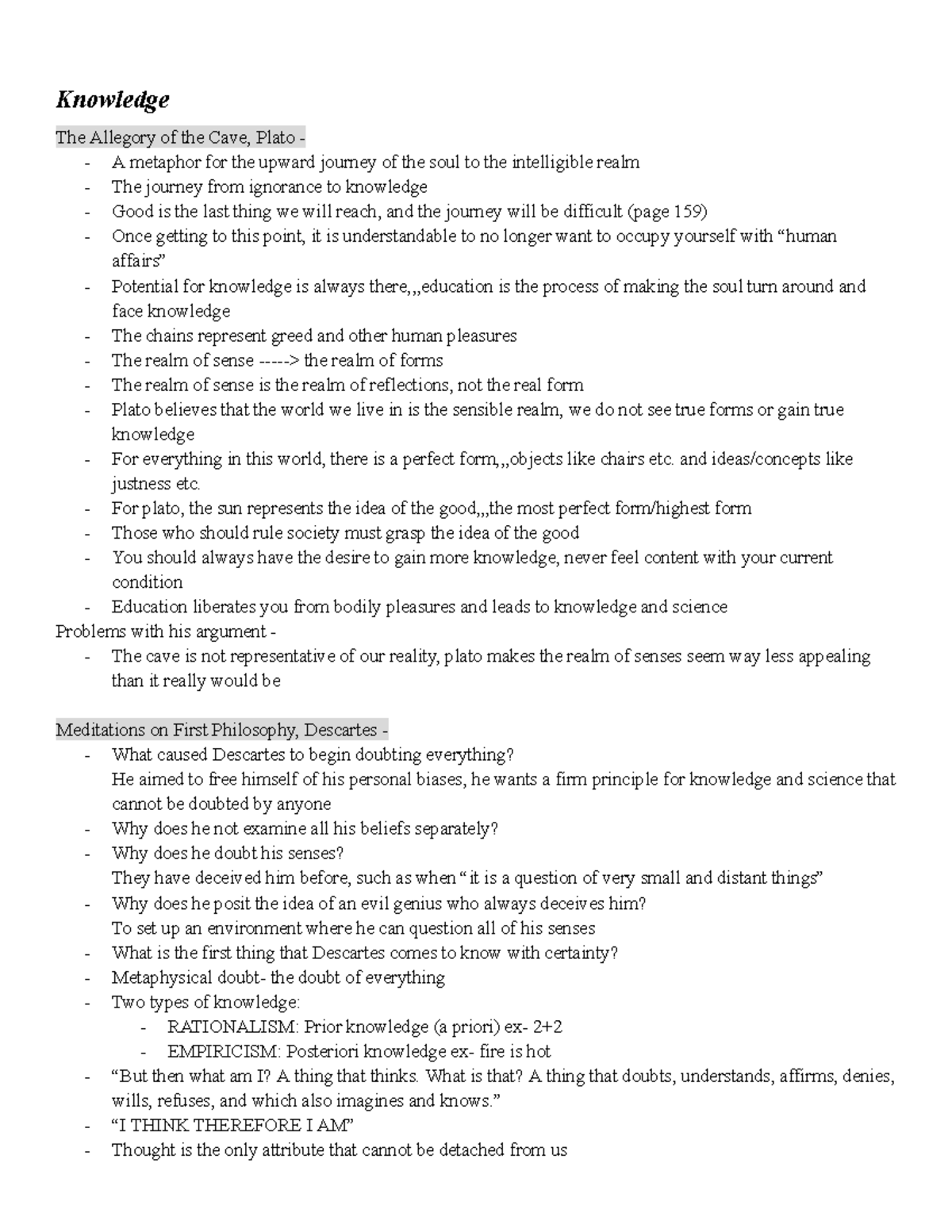 Philosophy 251 - Full class - Knowledge The Allegory of the Cave, Plato ...