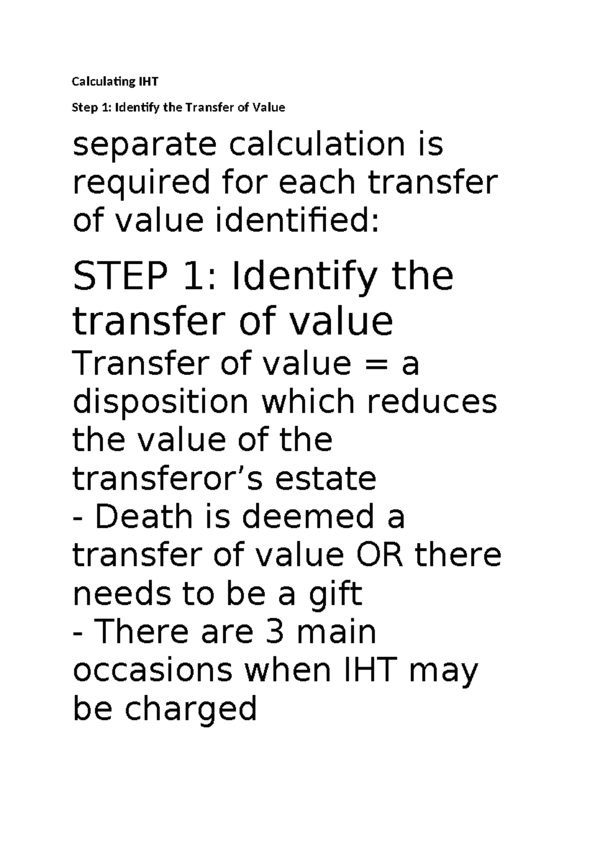 IHT Template - Calculating IHT Step 1: Identify the Transfer of Value ...