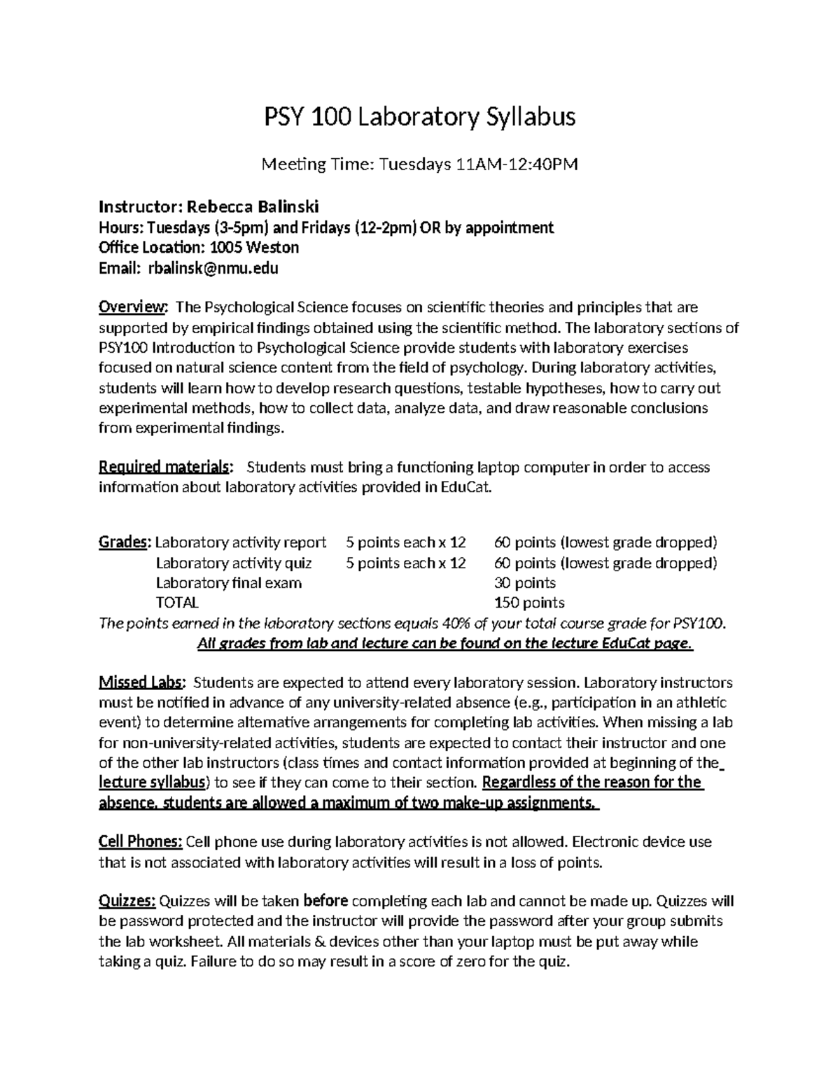 PSY100 Lab Syllabus - PSY 100 Laboratory Syllabus Meeting Time: Tuesdays 11AM-12:40PM Instructor ...