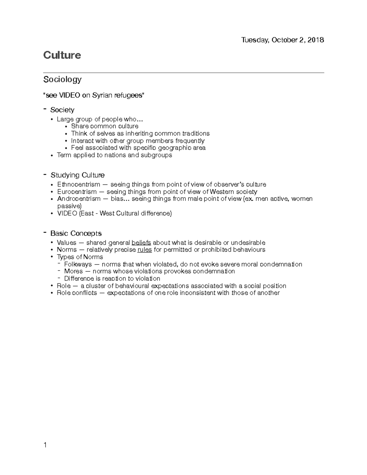 Culture_Intro to Sociology - Tuesday, October 2, 2018 Culture Sociology ...
