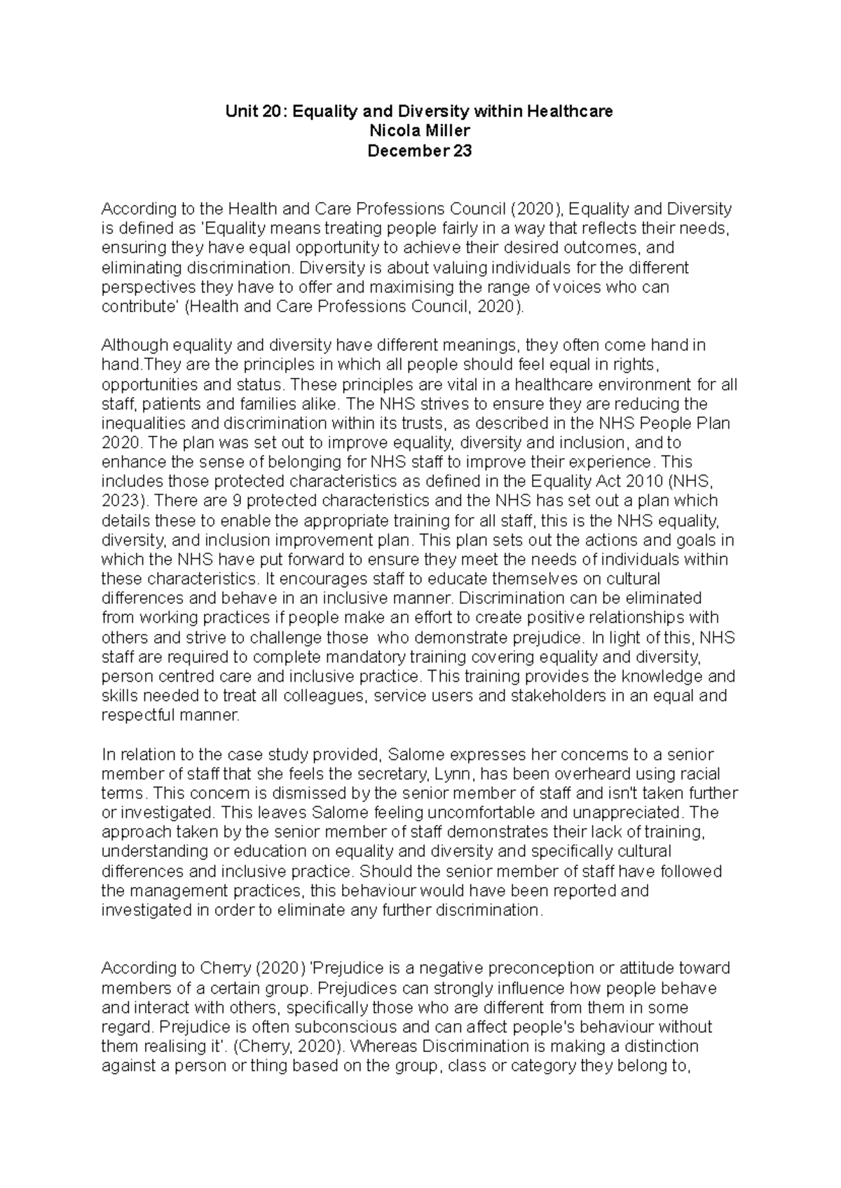 Unit 20 Equality and Diversity within Healthcare Assignment - Unit 20 ...