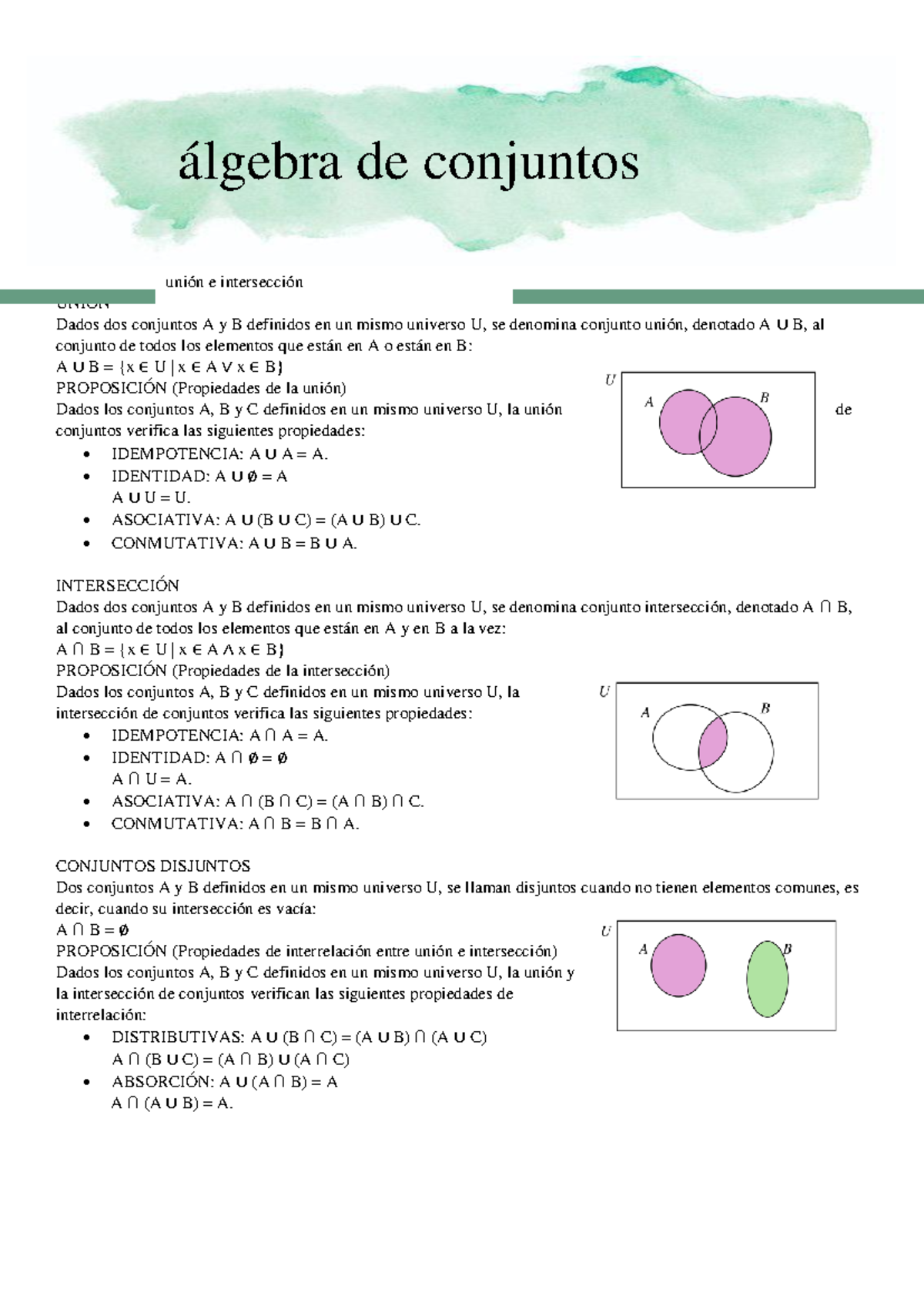 Algebra de conjuntos - unión e intersección UNIÓN Dados dos conjuntos A ...