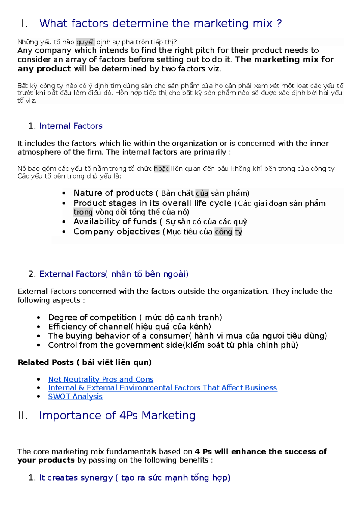 4ps - 4ps - I. What factors determine the marketing mix? Những yếu tố nào quyết định sự pha trộn ...
