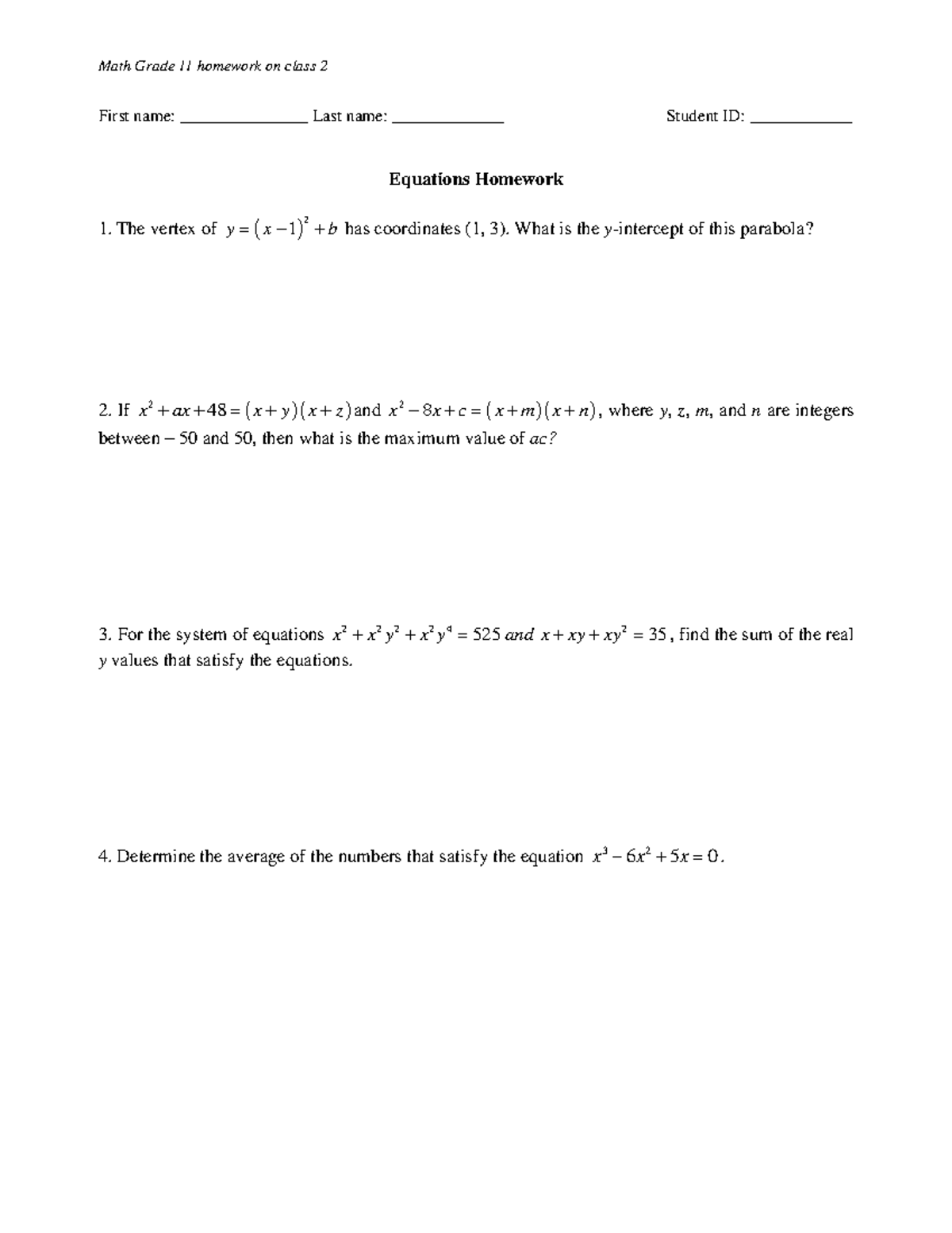 Math G11 Course notes - Math Grade 11 homework on class 2 First name ...