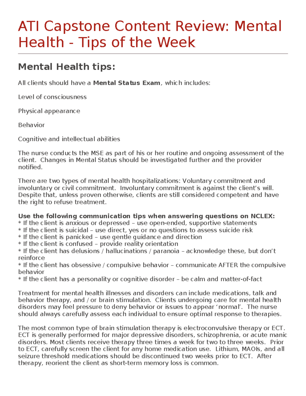 Mental Health Capstone Tips - ATI Capstone Content Review: Mental ...