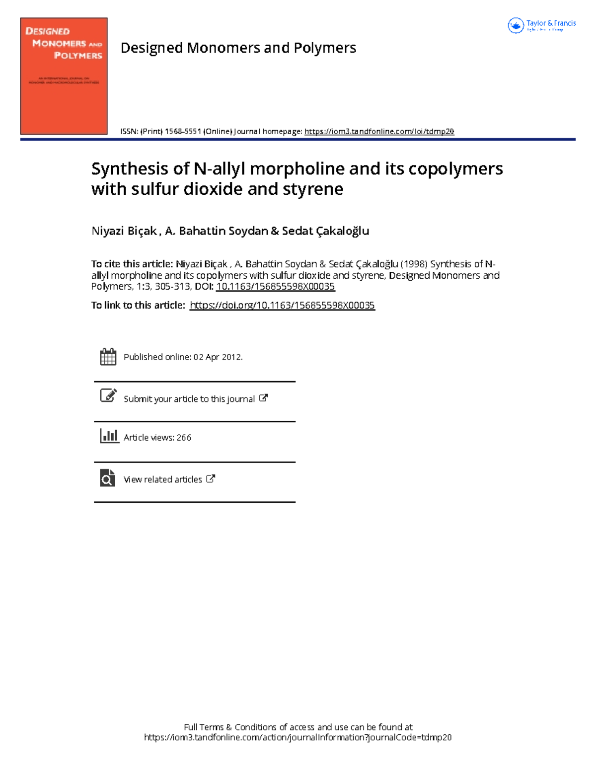 Synthesis of N allyl morpholine and its copolymers with sulfur dioxide ...