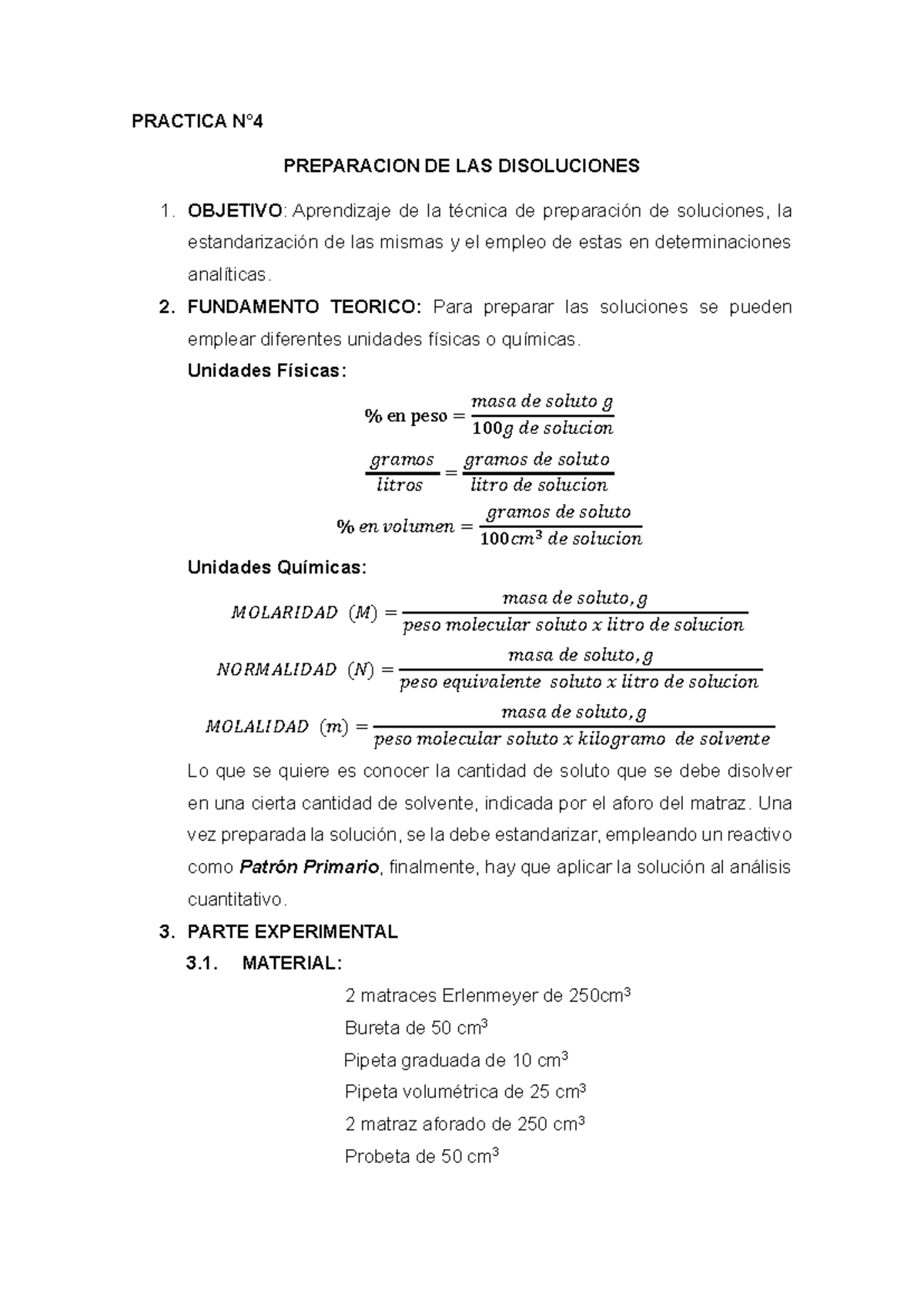 Practica 4. Preparacion DE Disoluciones - PRACTICA N° 4 PREPARACION DE LAS DISOLUCIONES OBJETIVO ...