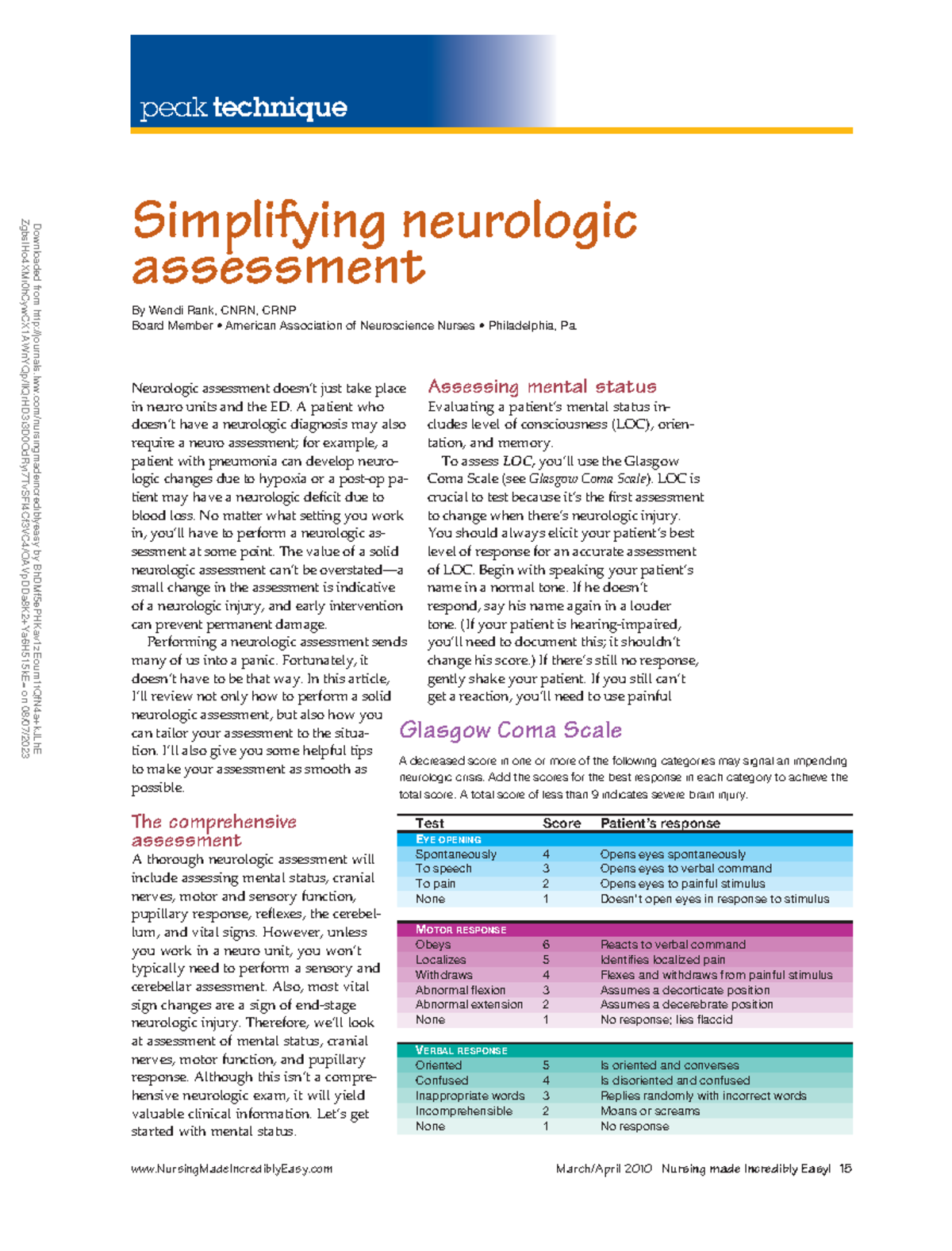 Simplifying neurologic assessment - peak technique Neurologic ...