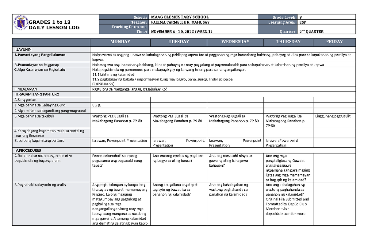 DLL ESP 5 Q2 W1 - Values education for all - GRADES 1 to 12 DAILY ...
