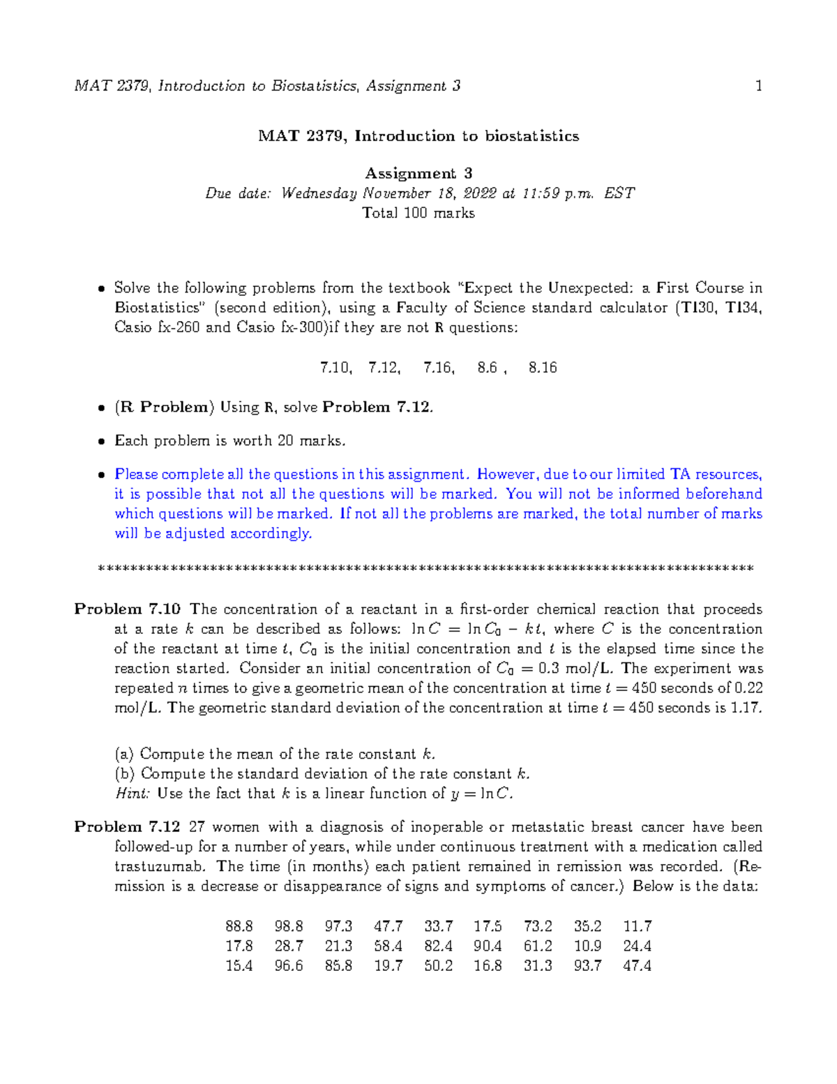 2379-assign 3-2022 - assigment questions - MAT 2379, Introduction to Biostatistics, Assignment 3 ...
