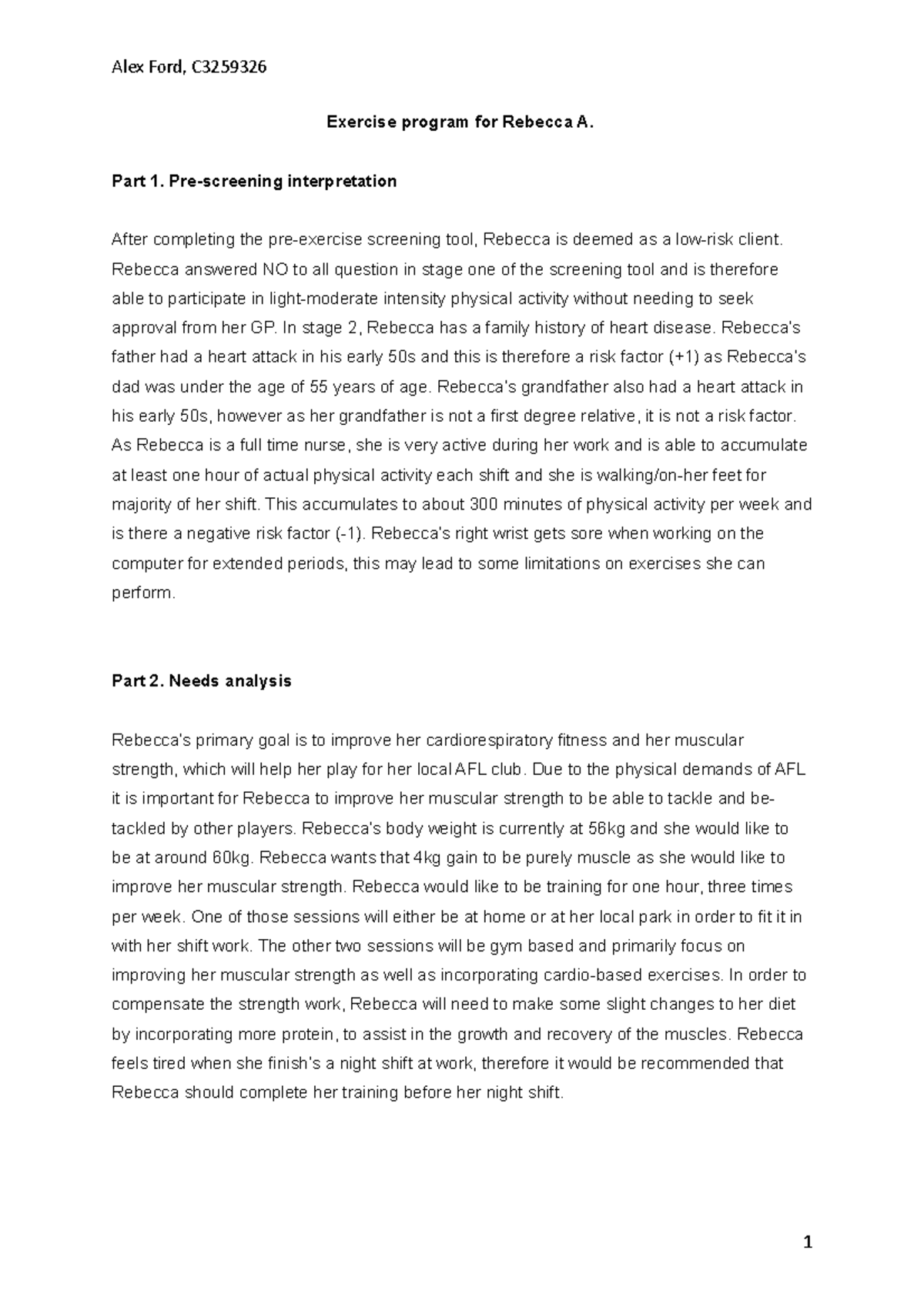 Exercise program assignment - Exercise program for Rebecca A. Part 1 ...