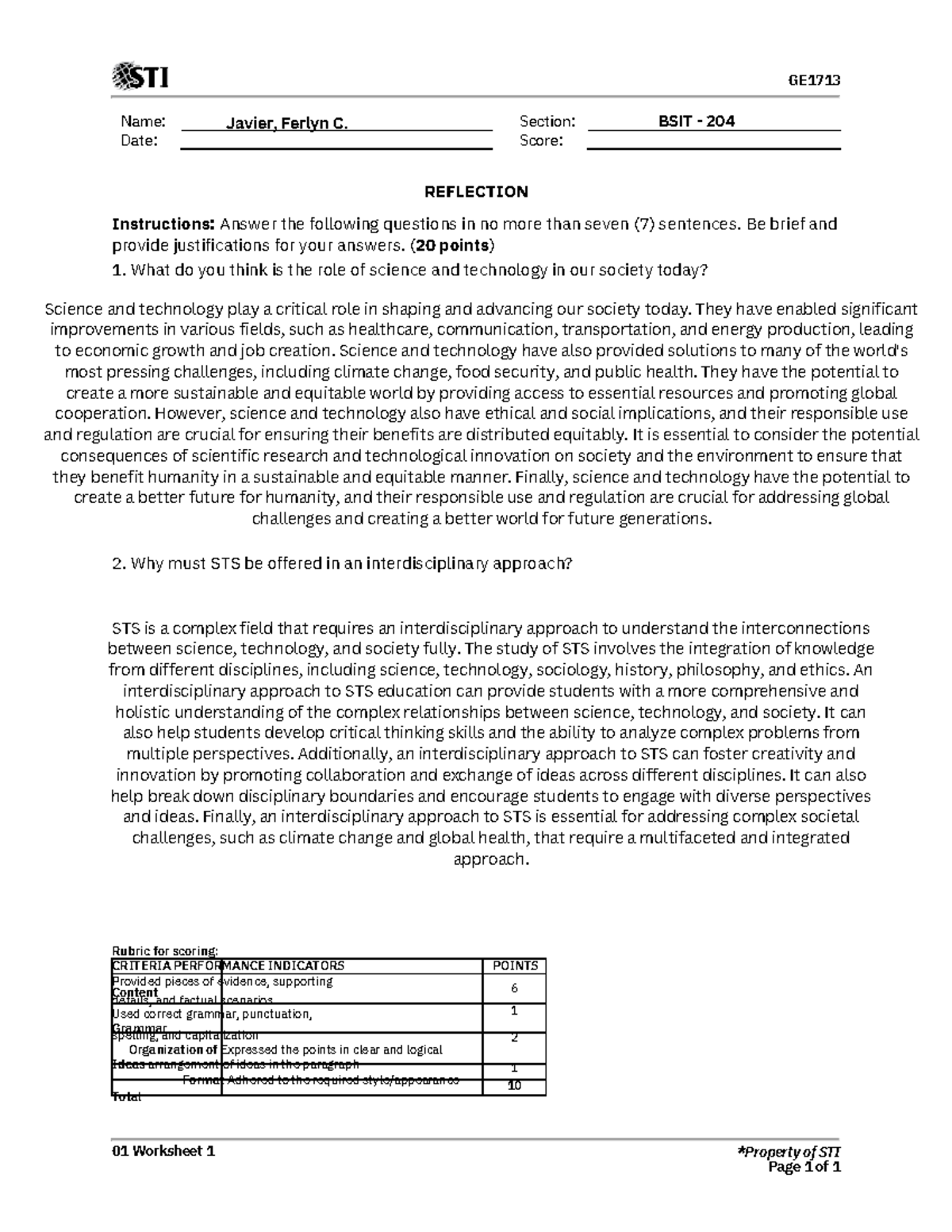 01 Worksheet 1 STS - bvnbvbnvnbvnbvnbv - 01 Worksheet 1 *Property of ...