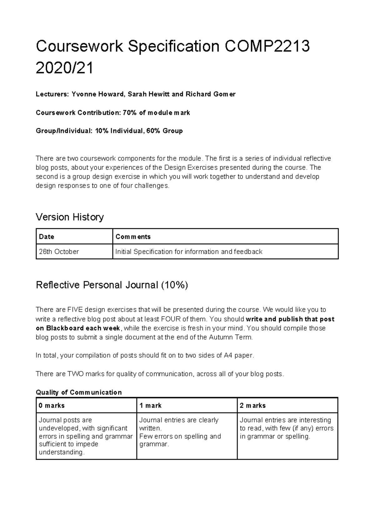 Coursework Spec - Coursework Specification COMP 2020/ Lecturers: Yvonne Howard, Sarah Hewitt and ...