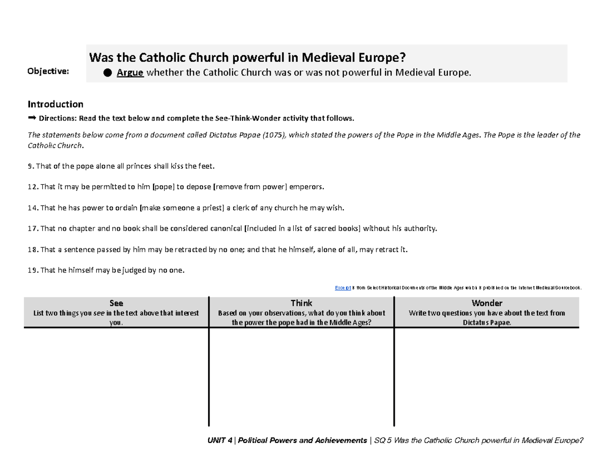 Copy of Was the Catholic Church powerful in Medieval Europe - Objective ...