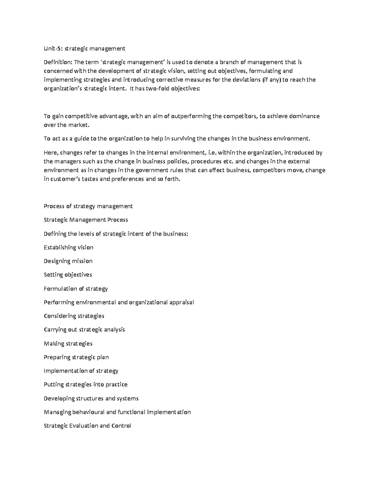 Document - Lecture notes - Unit-5: strategic management Definition: The ...
