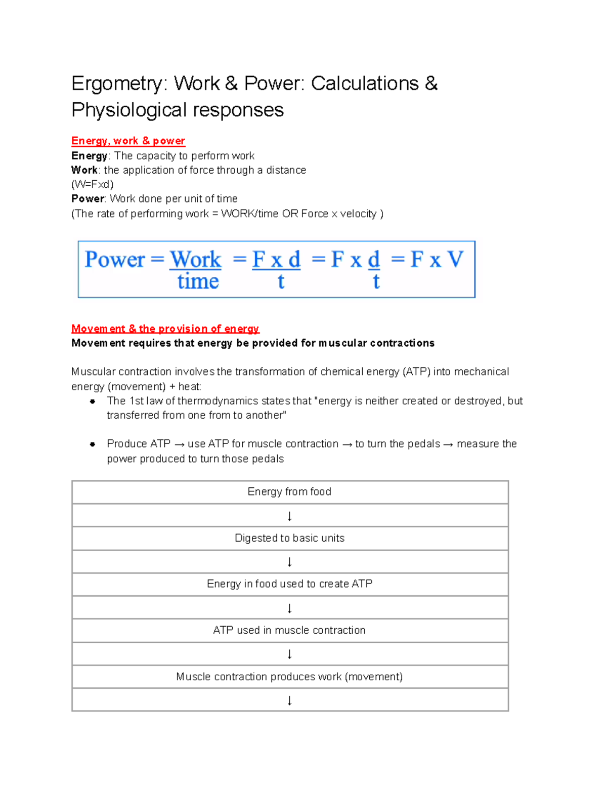 Ergometry Work & Power Calculations & Physiological responses ...