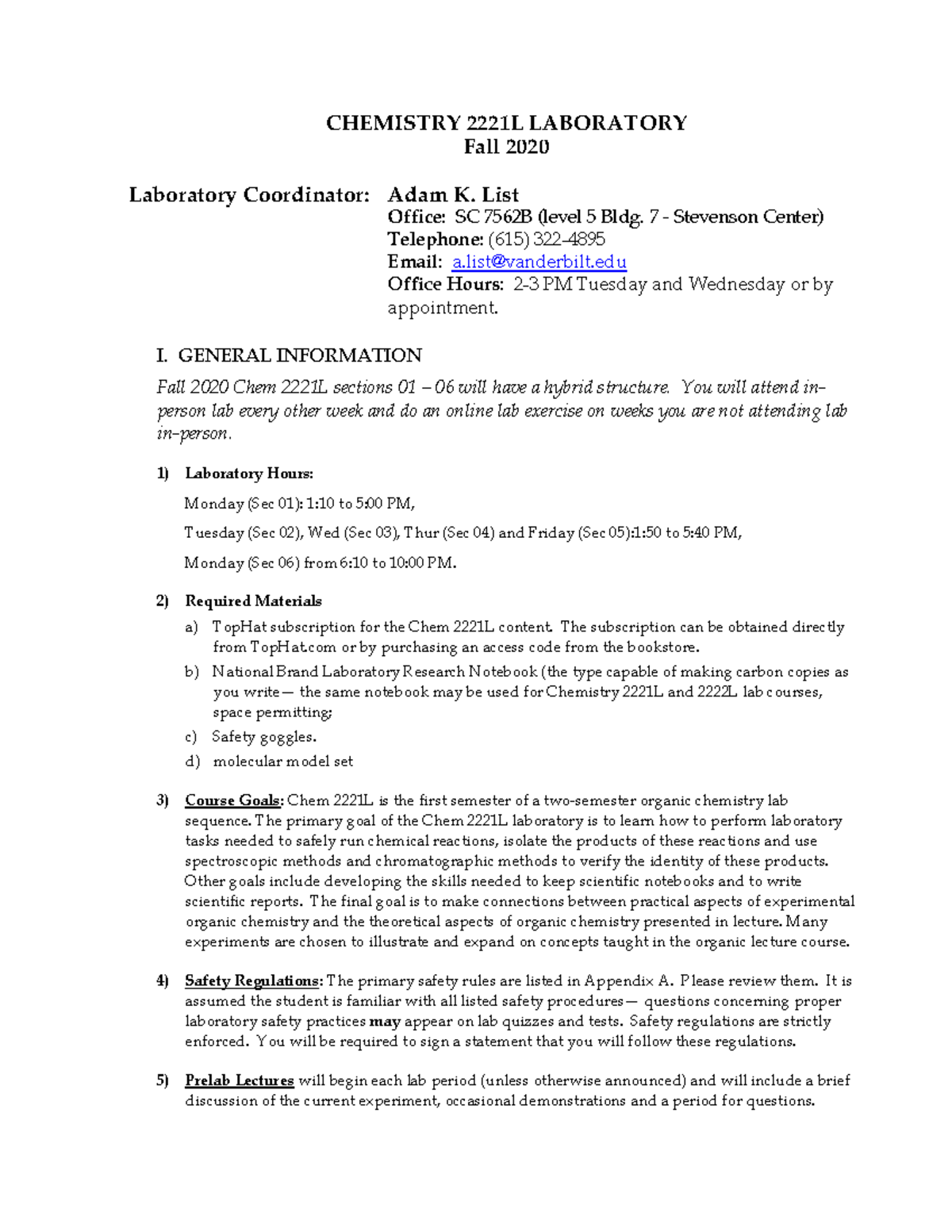 syllabi chem lab - CHEMISTRY 2221L LABORATORY Fall 2020 Laboratory ...