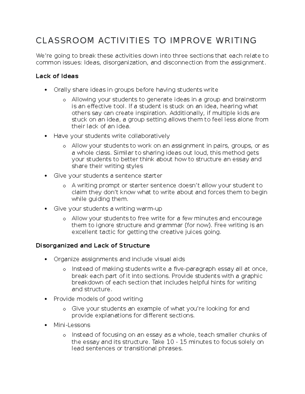 Classroom Activities TO Improve Writing - CLASSROOM ACTIVITIES TO ...