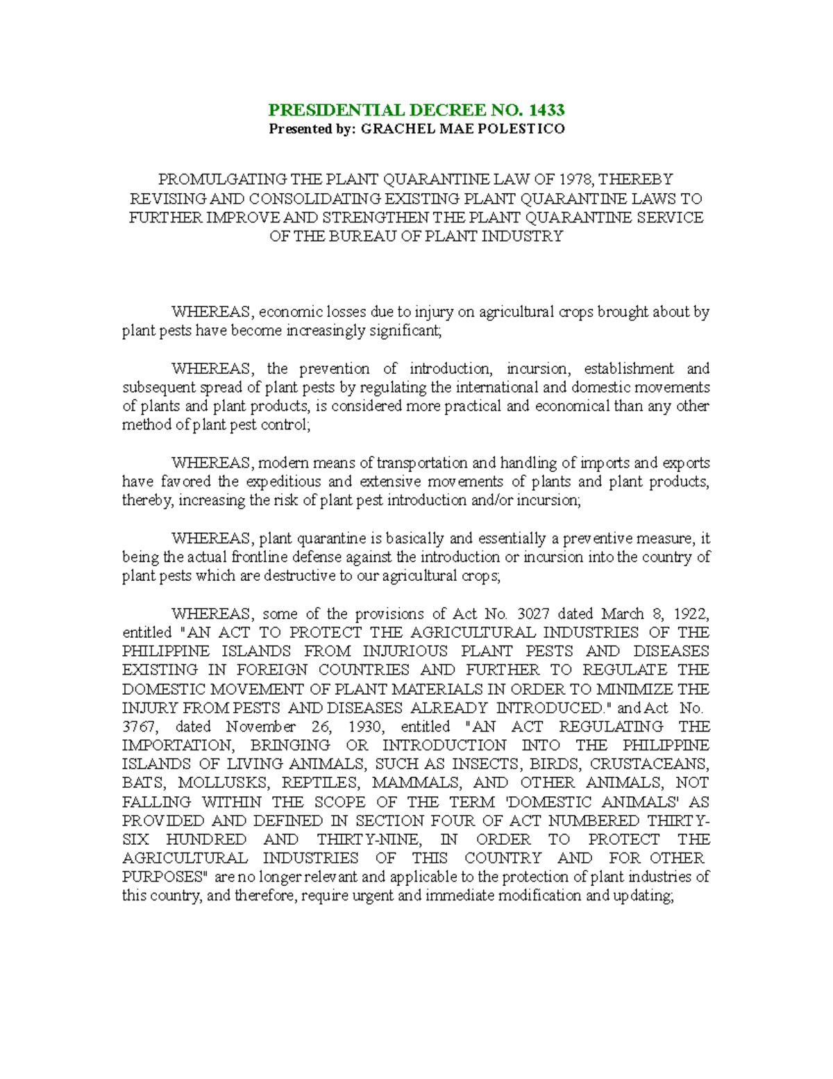 PD-1433 - Principles of Ecology - PRESIDENTIAL DECREE NO. 1433 ...