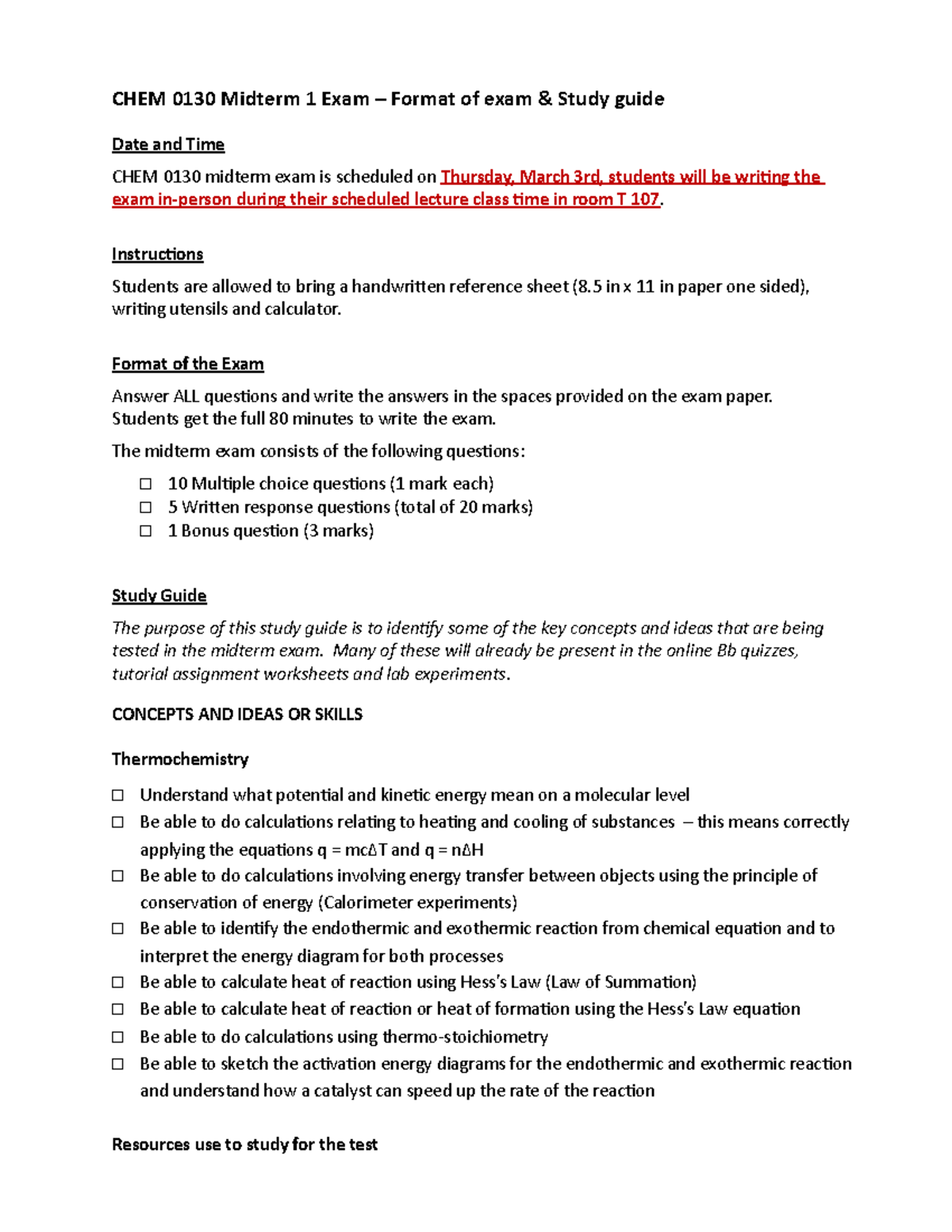 Midterm 1 study Guide - martina - CHEM 0130 Midterm 1 Exam – Format of exam & Study guide Date ...