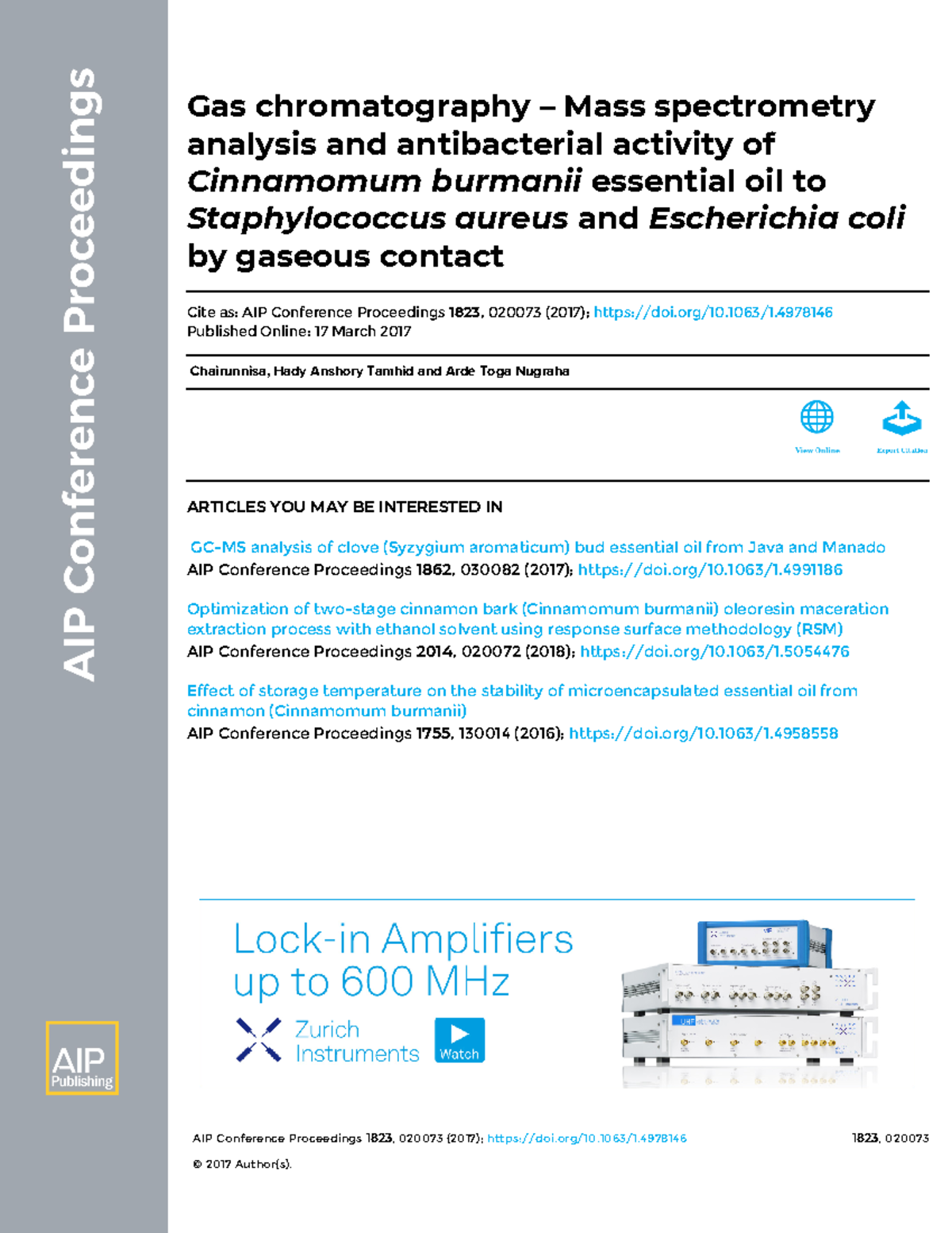 Cinnamon Oil - analysis - AIP Conference Proceedings 1823 , 020073 ...
