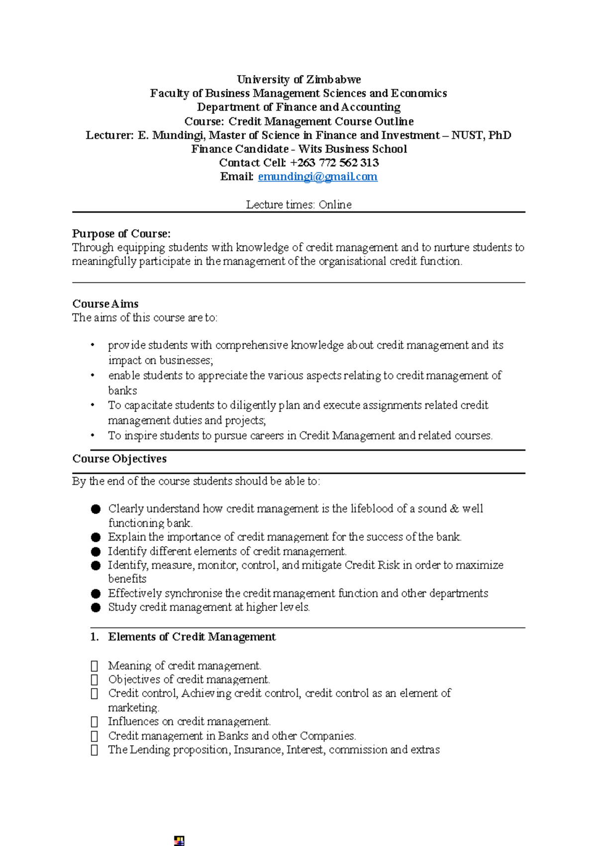 Credit Management Course Outline 1-1 - Financial Management - UZ - Studocu