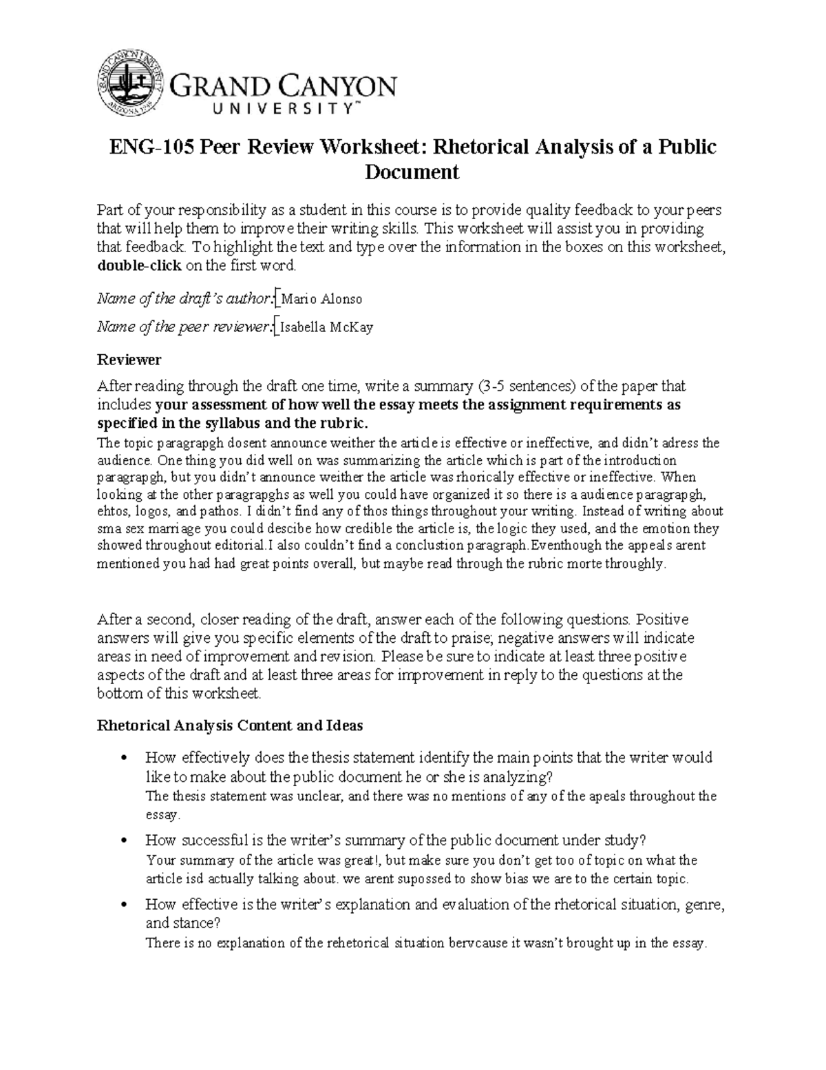 ENG 105 RS Rhetorical Analysis Peer Review Worksheet - ENG-105 Peer ...