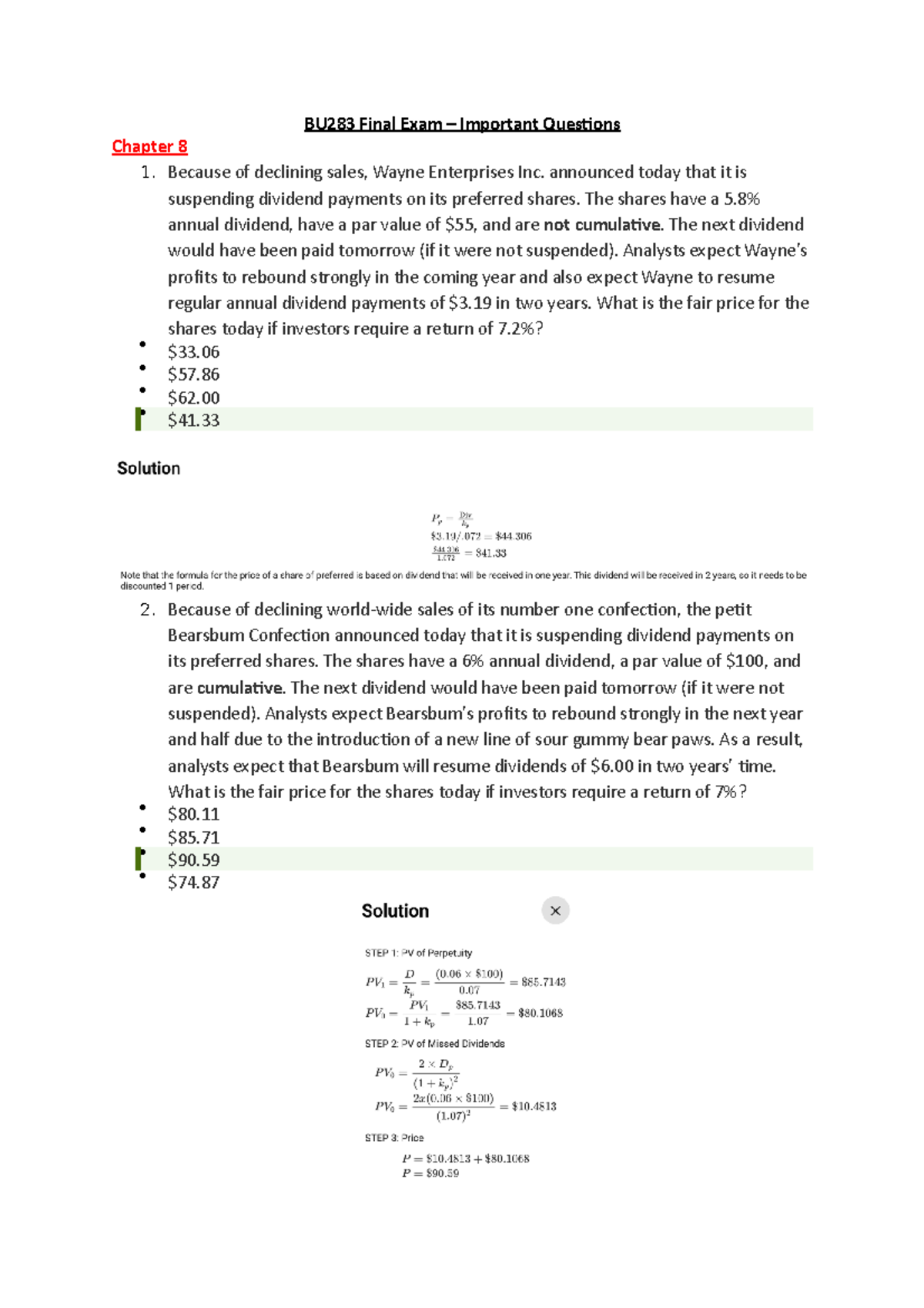 BU283 Final - Important Questions - BU283 Final Exam – Important Questions Chapter 8 1. Because ...