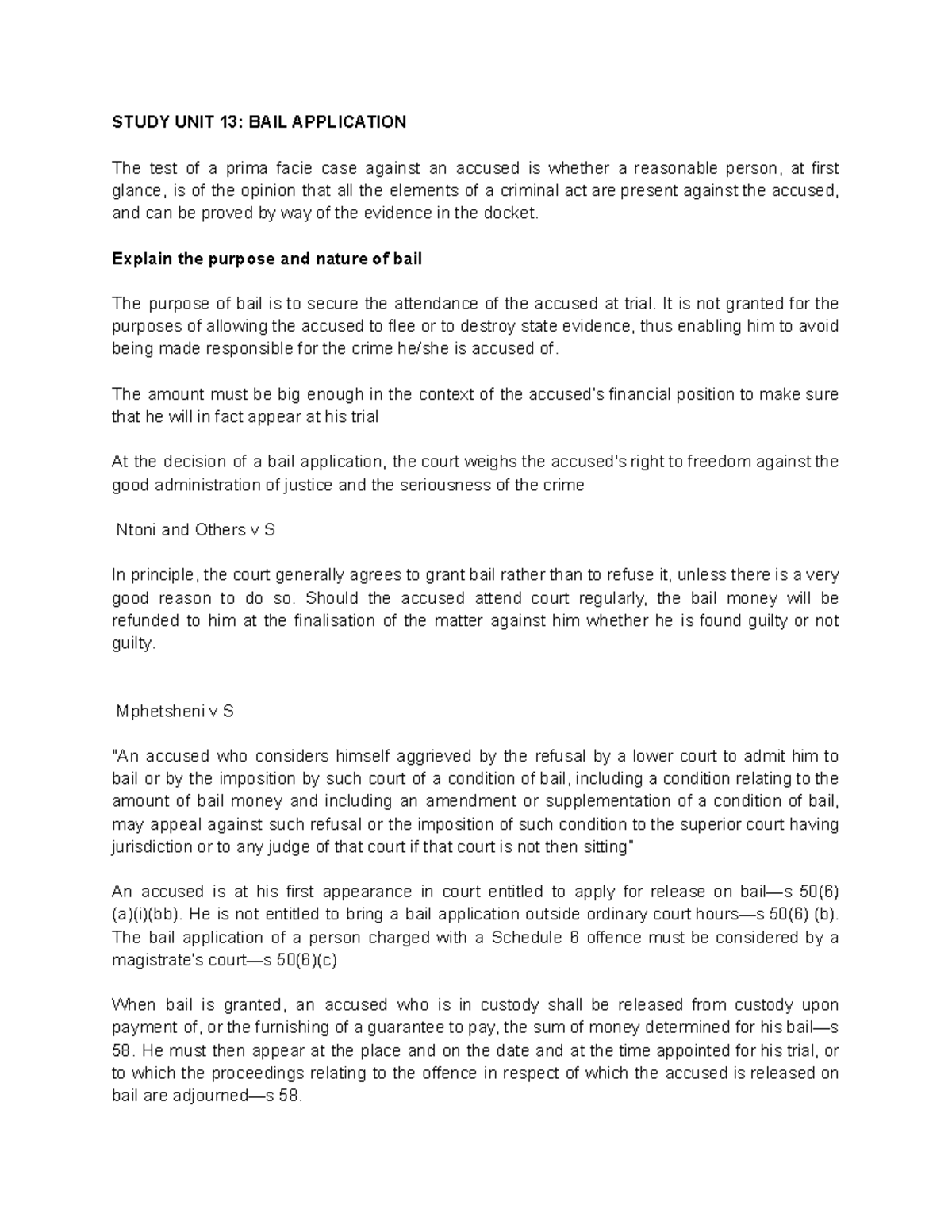 SU 13 BAIL Application - STUDY UNIT 13: BAIL APPLICATION The test of a ...