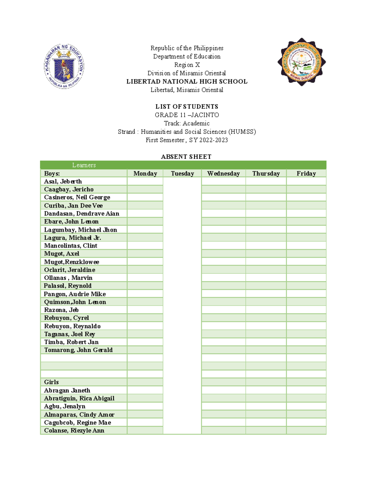 Absent Sheet - template - Republic of the Philippines Department of ...