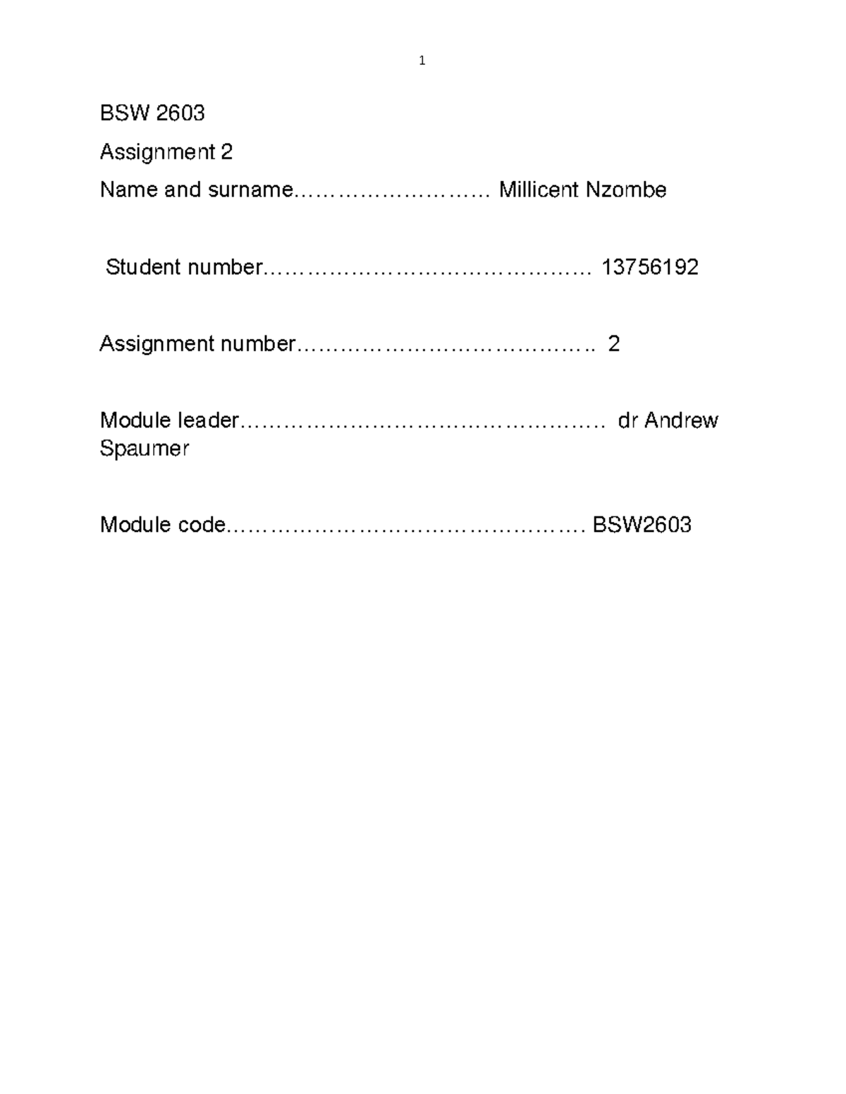 BSW 2603 assignment 2 - BSW 2603 Assignment 2 Name and surname ...