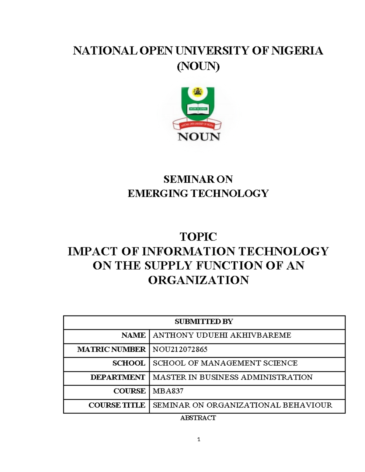 National OPEN University OF Nigeria NOUN - NATIONAL OPEN UNIVERSITY OF ...