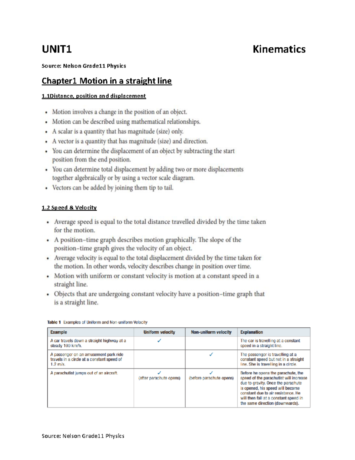 Physics chapter 1 - UNIT1 Kinematics Source: Nelson Grade11 Physics ...